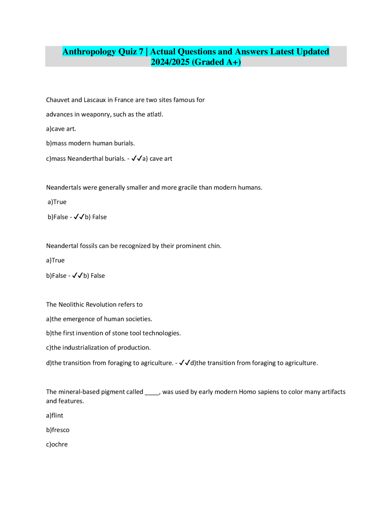 Anthropology Quiz 7: Actual Questions and Answers | Exams Anthropology ...