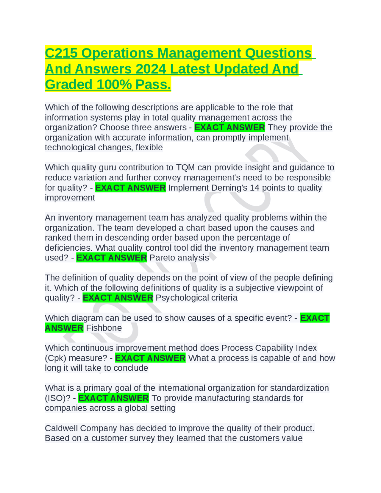 C215 Operations Management Questions And Answers 2024 Latest Updated ...