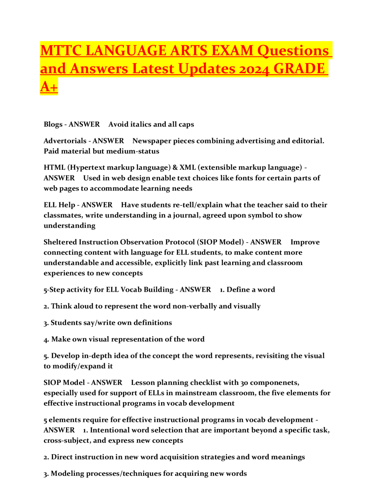 MTTC LANGUAGE ARTS EXAM Questions and Answers Latest Updates 2024 GRADE ...