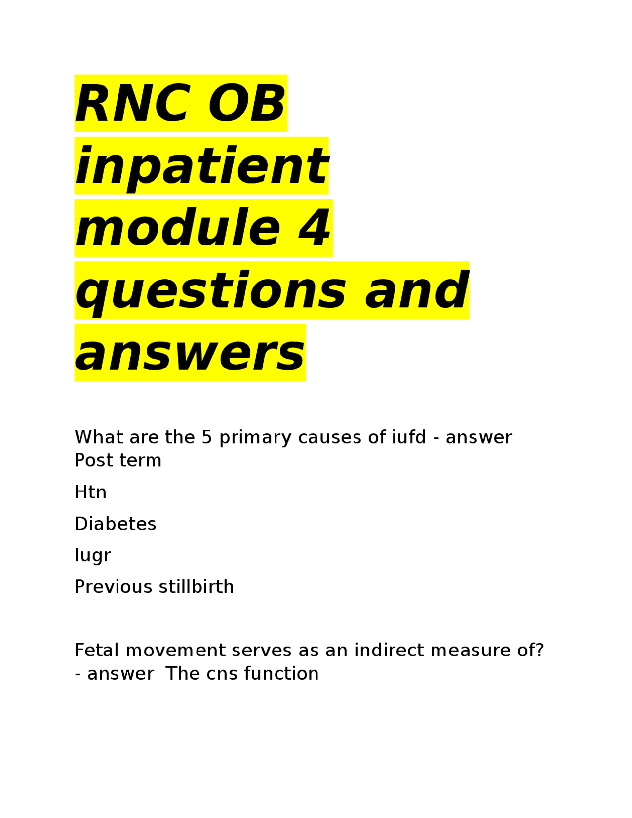 RNC OB inpatient module 4 questions and answers.docx | Exams Biology ...