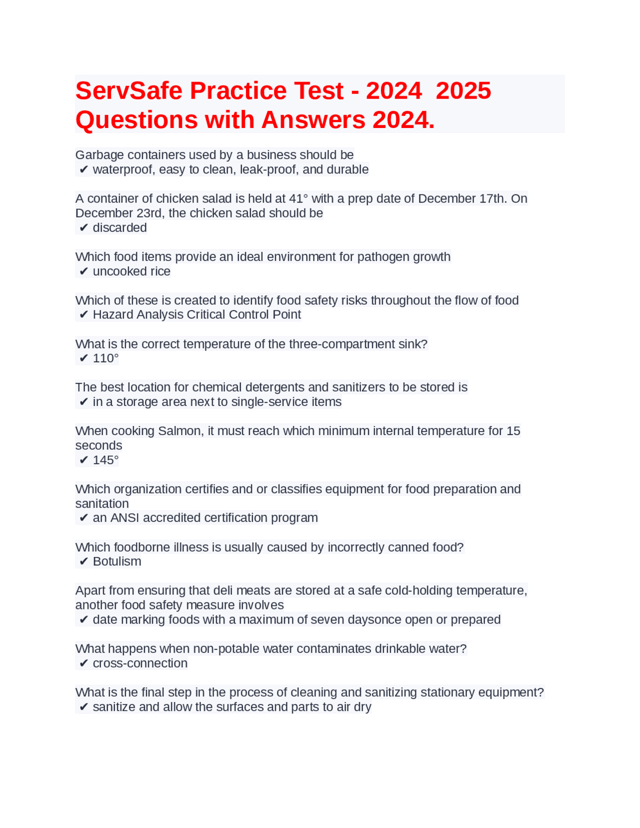 ServSafe Practice Test - 2024 2025 Questions with Answers 2024. | Exams ...