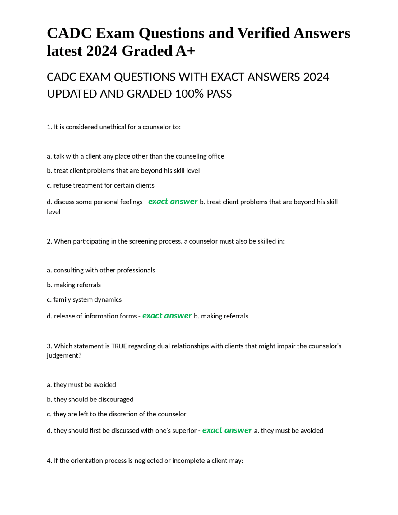 CADC EXAM QUESTIONS WITH EXACT ANSWERS 2024 UPDATED AND GRADED 100% ...