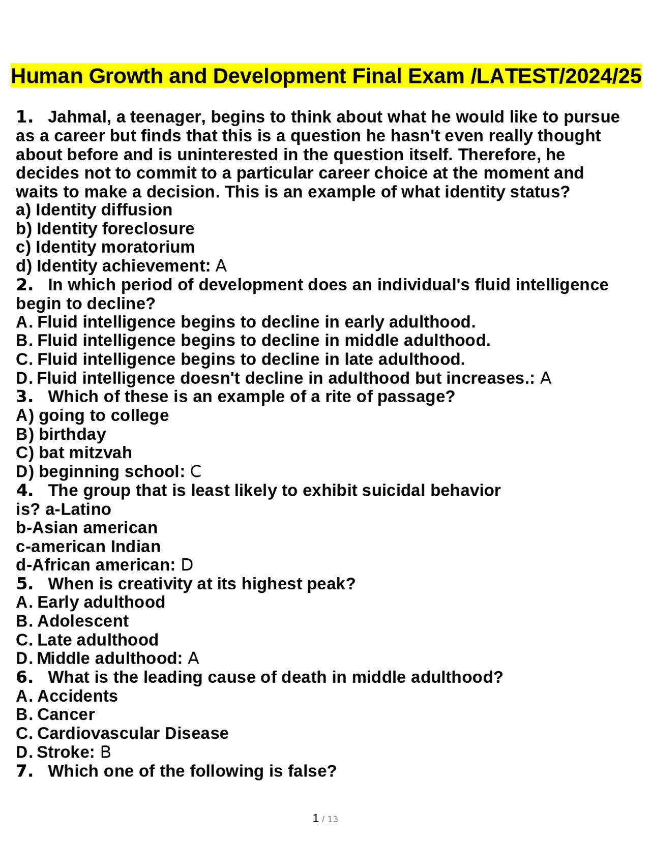 Human Growth and Development Final Exam /LATEST/2024/25 | Exams Nursing ...