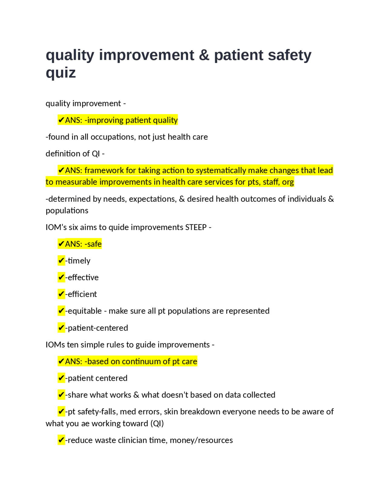 quality improvement & patient safety questions | Exams Medicine | Docsity