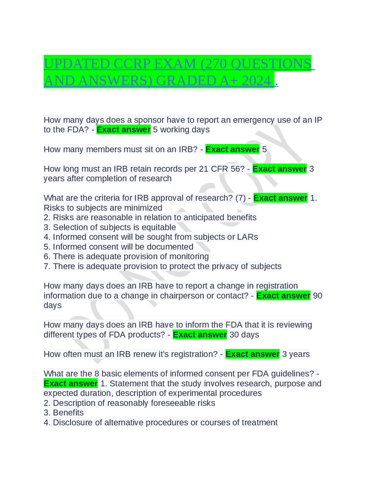 UPDATED CCRP EXAM (270 QUESTIONS AND ANSWERS) GRADED A+ 2024 . | Exams ...