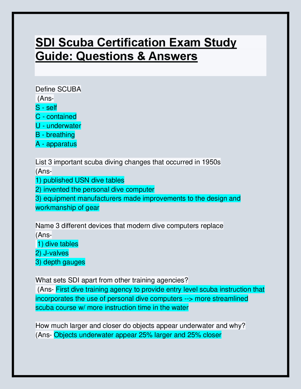 SDI Scuba Certification Exam Study Guide: Questions & Answers | Exams ...