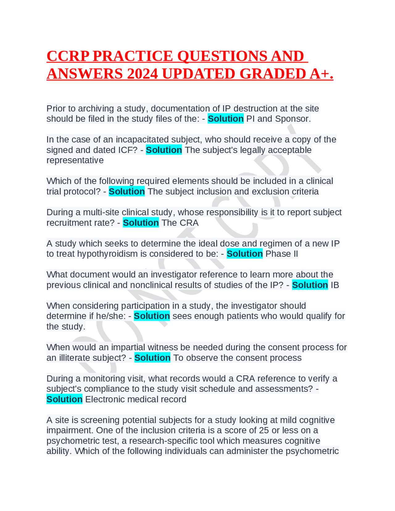 CCRP PRACTICE QUESTIONS AND ANSWERS 2024 UPDATED GRADED A+. | Exams ...