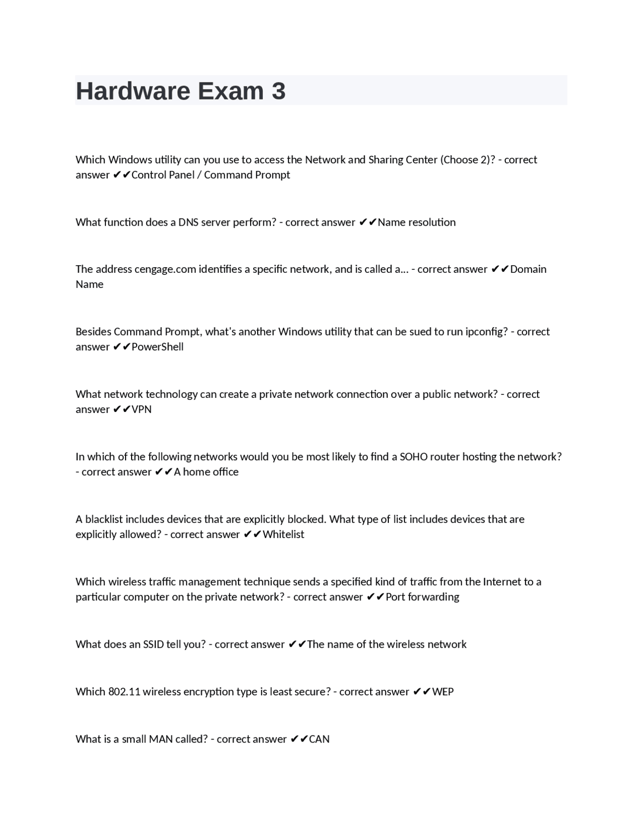 Hardware Exam 3 (questions with 100% correct answers) | Exams Wireless ...