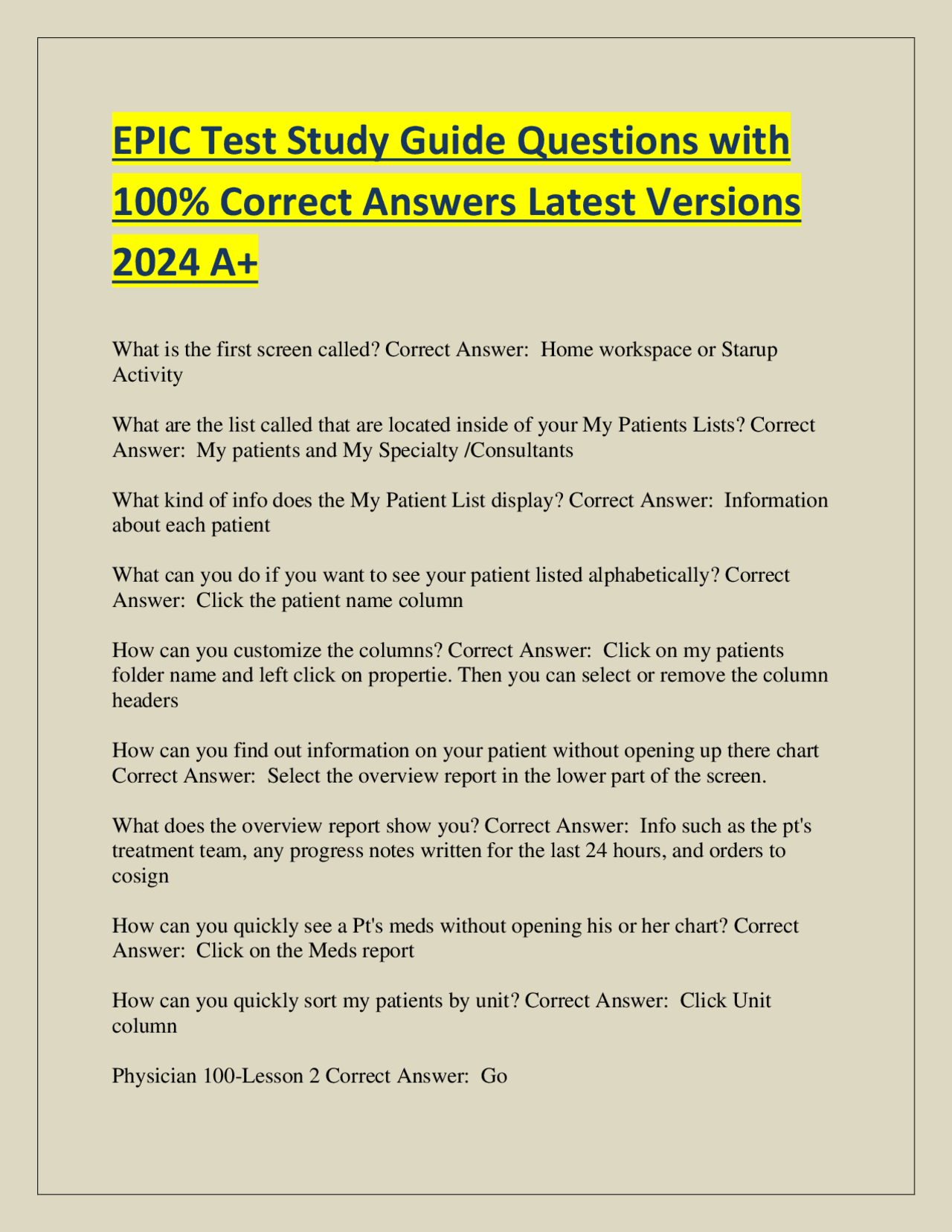 EPIC Test Study Guide Questions with 100% Correct Answers Latest ...