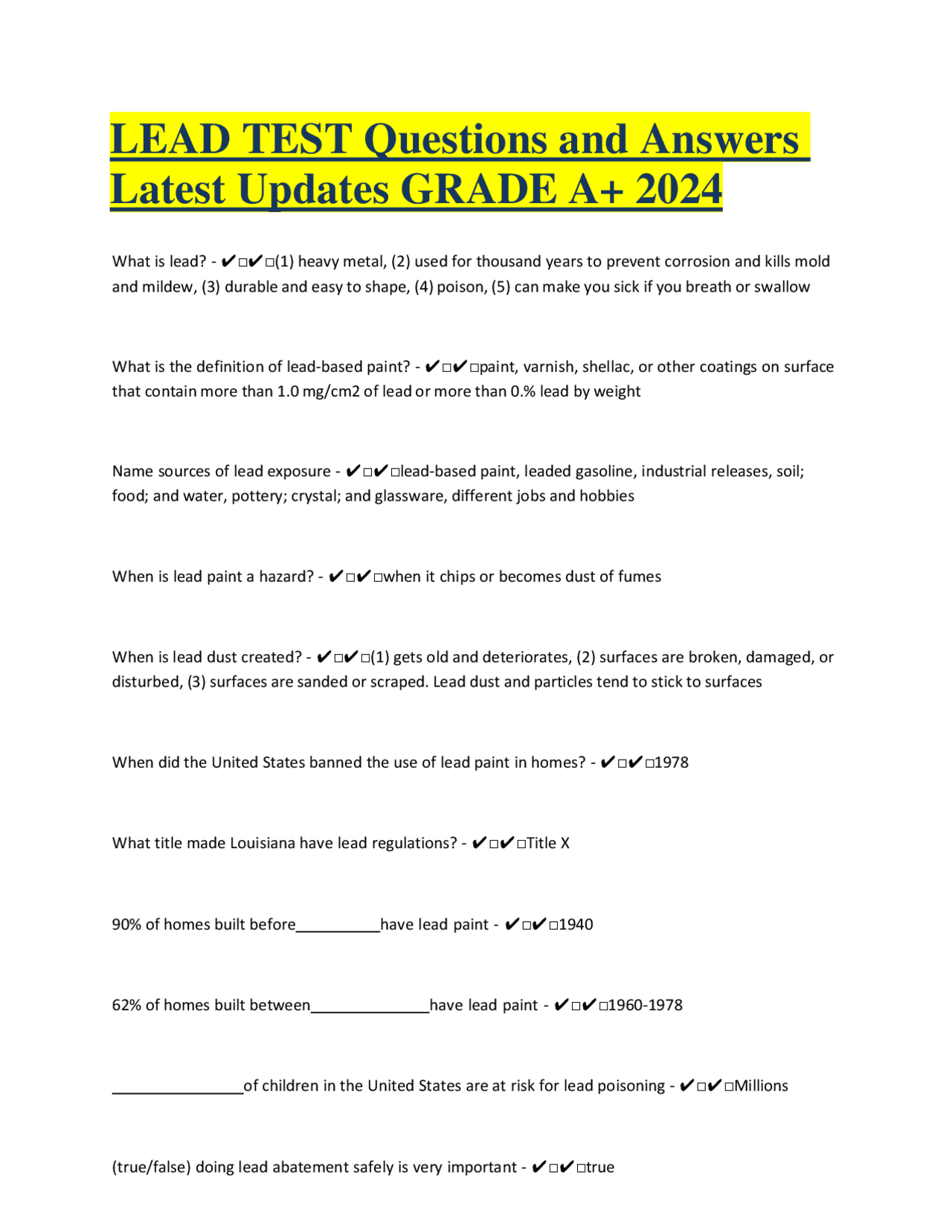 LEAD TEST Questions and Answers Latest Updates GRADE A+ 2024 | Exams ...