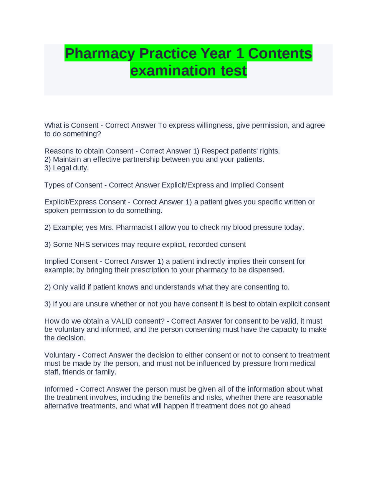 Pharmacy Practice Year 1 Contents examination test | Exams Medicine ...