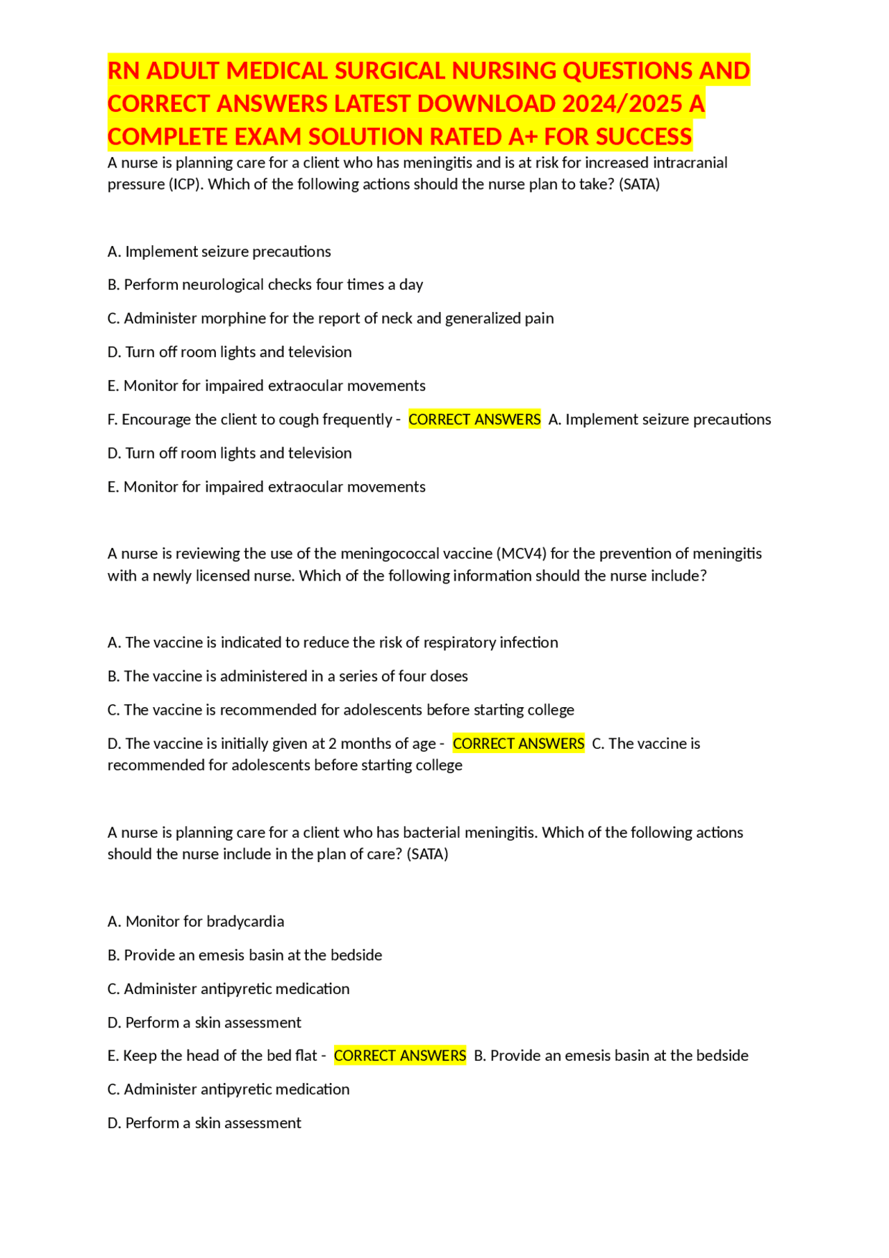 Rn Adult Medical Surgical Nursing Questions And Correct Answers Latest Download 2024 2025
