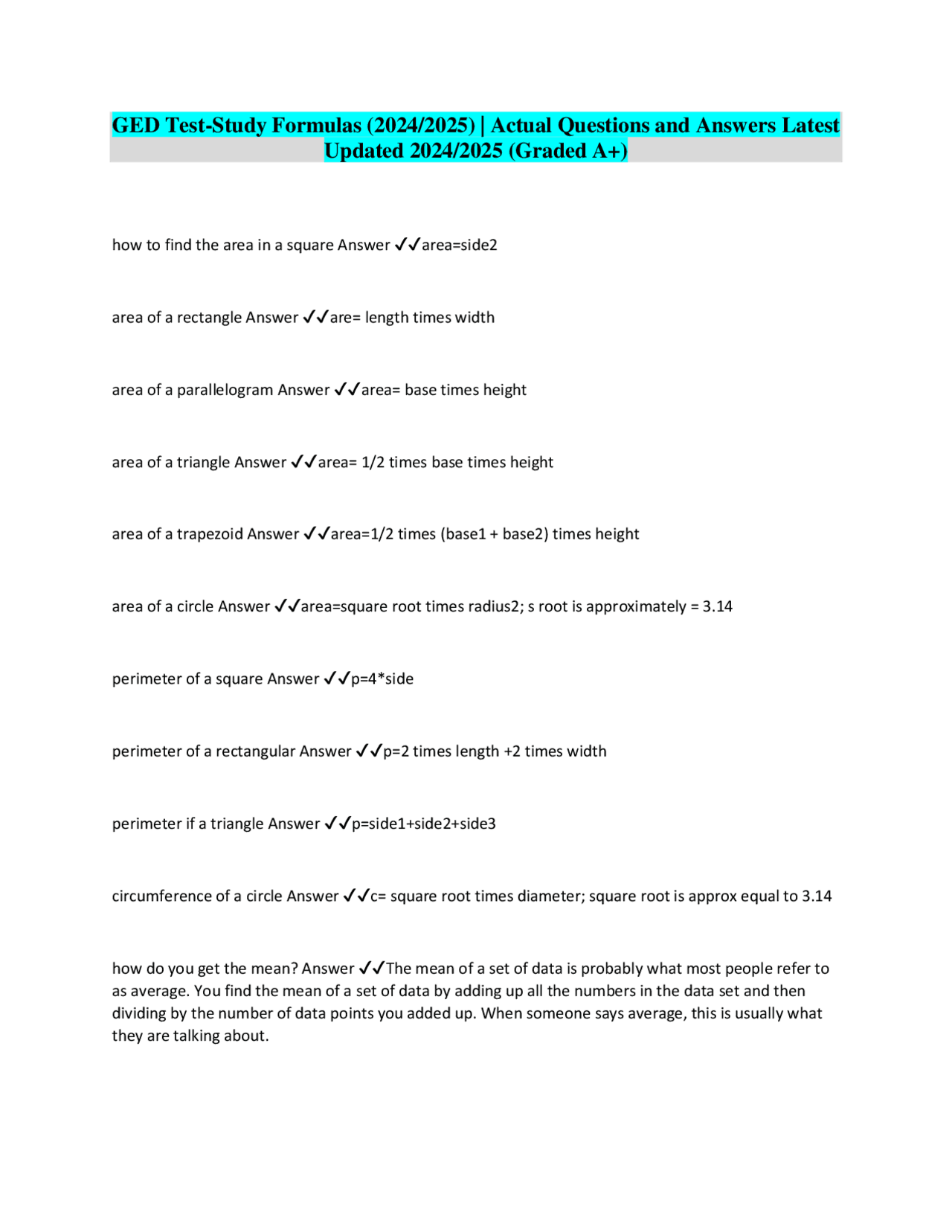 GED Test-Study Formulas (2024/2025) | Actual Questions and Answers ...