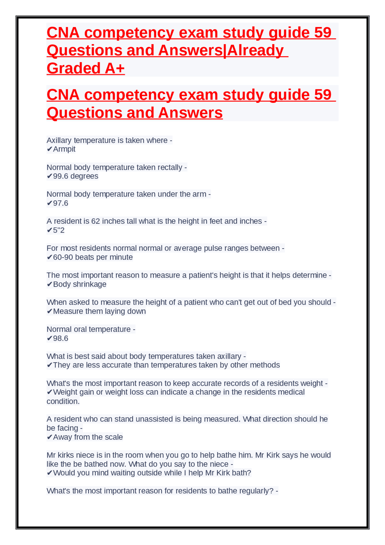 CNA competency exam study guide 59 Questions and Answers|Already Graded ...