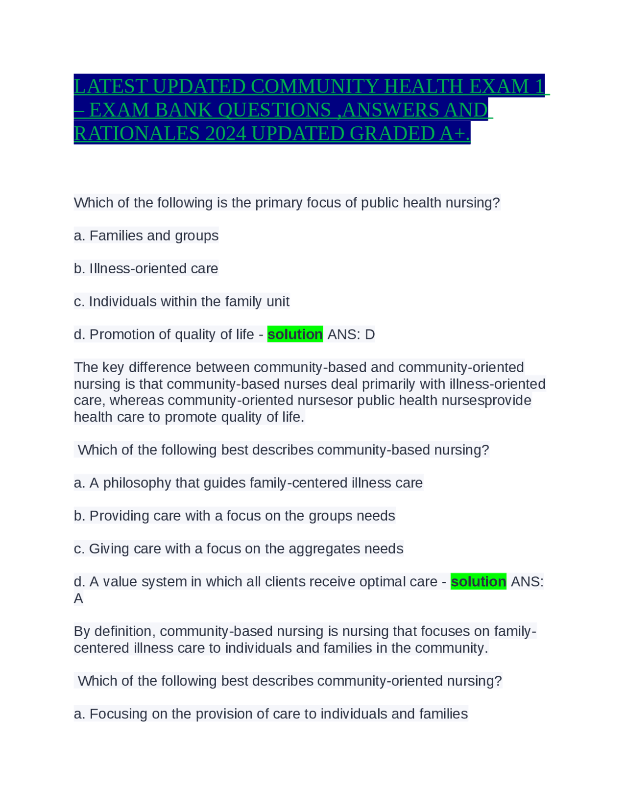 LATEST UPDATED COMMUNITY HEALTH EXAM 1 – EXAM BANK QUESTIONS ,ANSWERS ...
