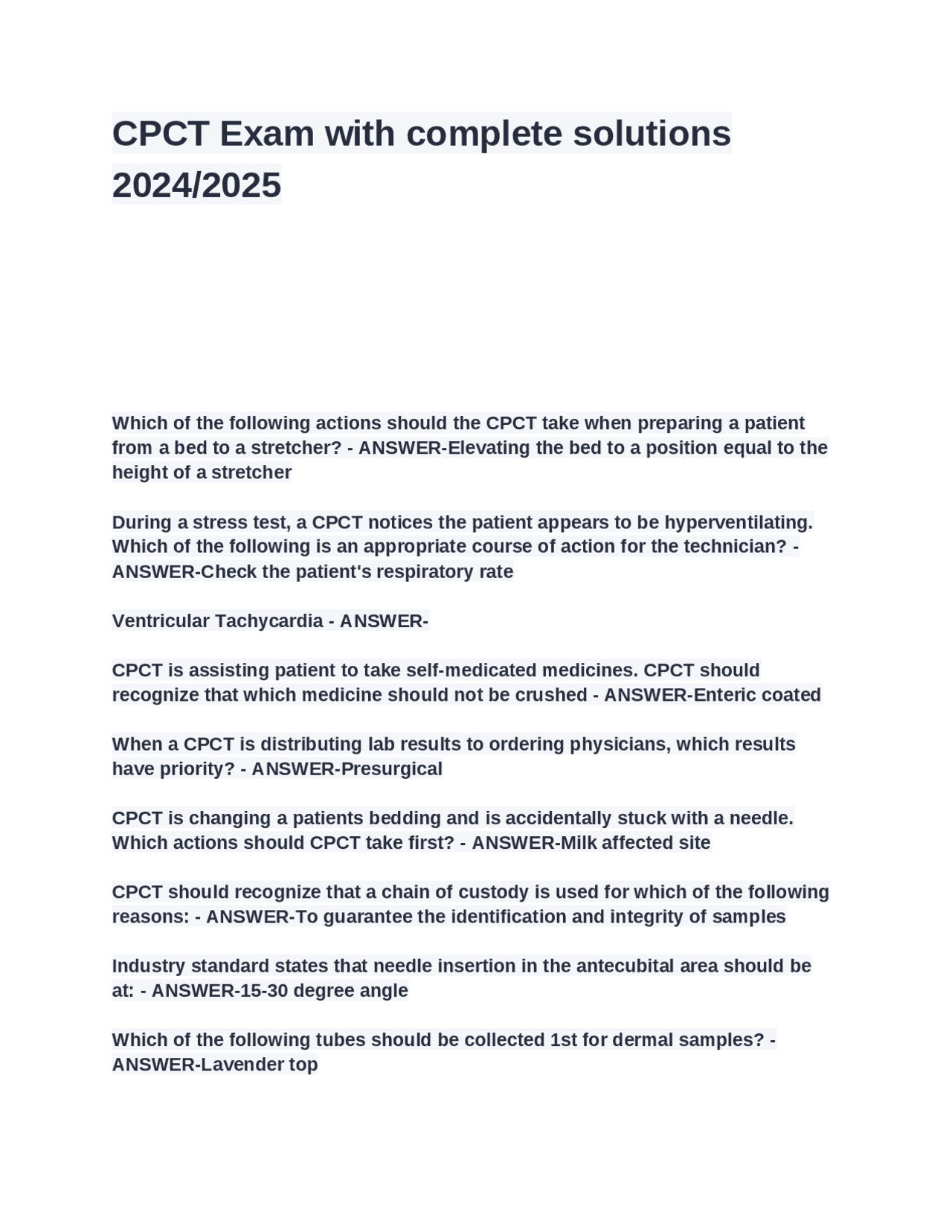 CPCT Exam with complete solutions 2024_2025 | Exams Nursing | Docsity