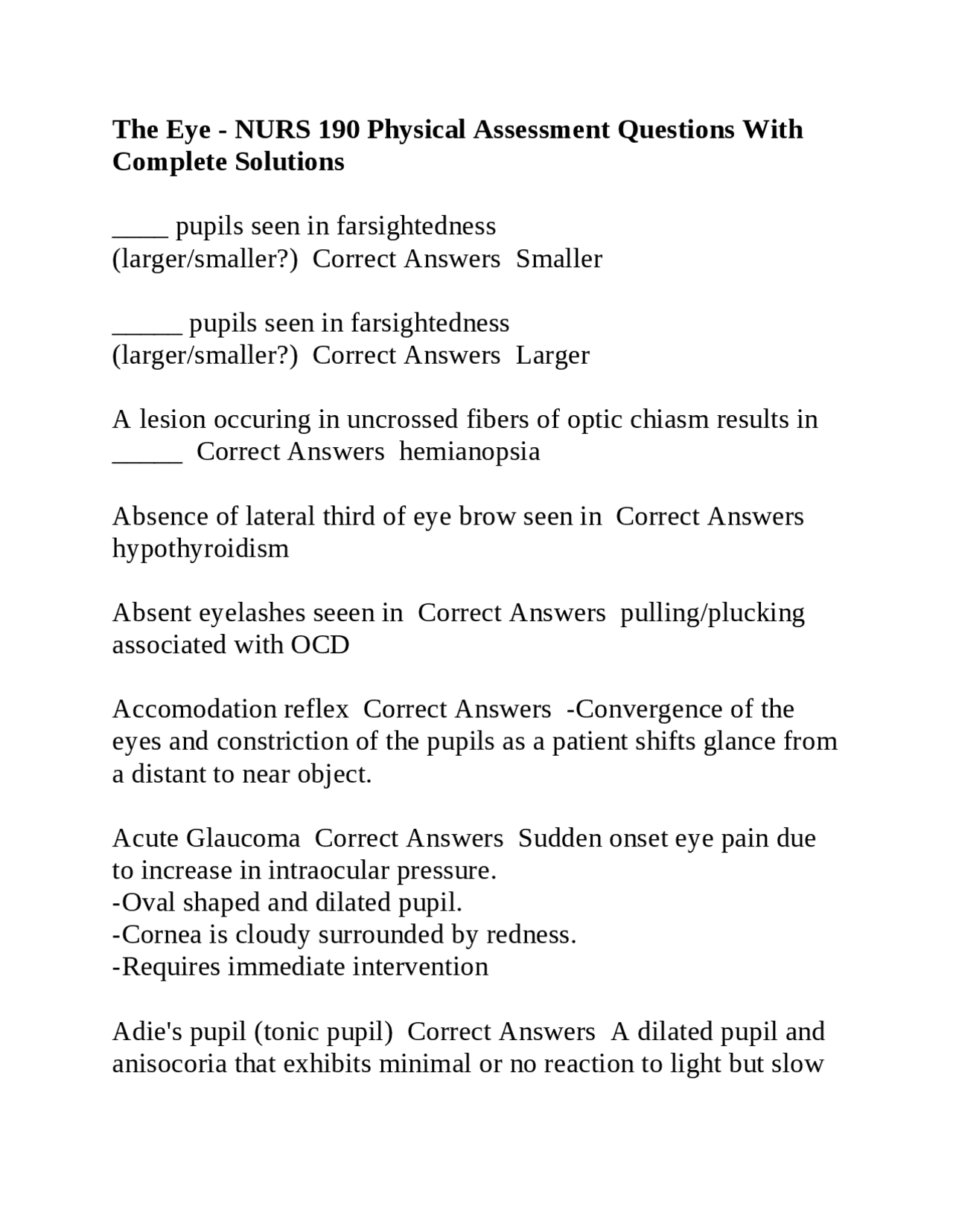 The Eye - NURS 190 Physical Assessment Questions With Complete ...