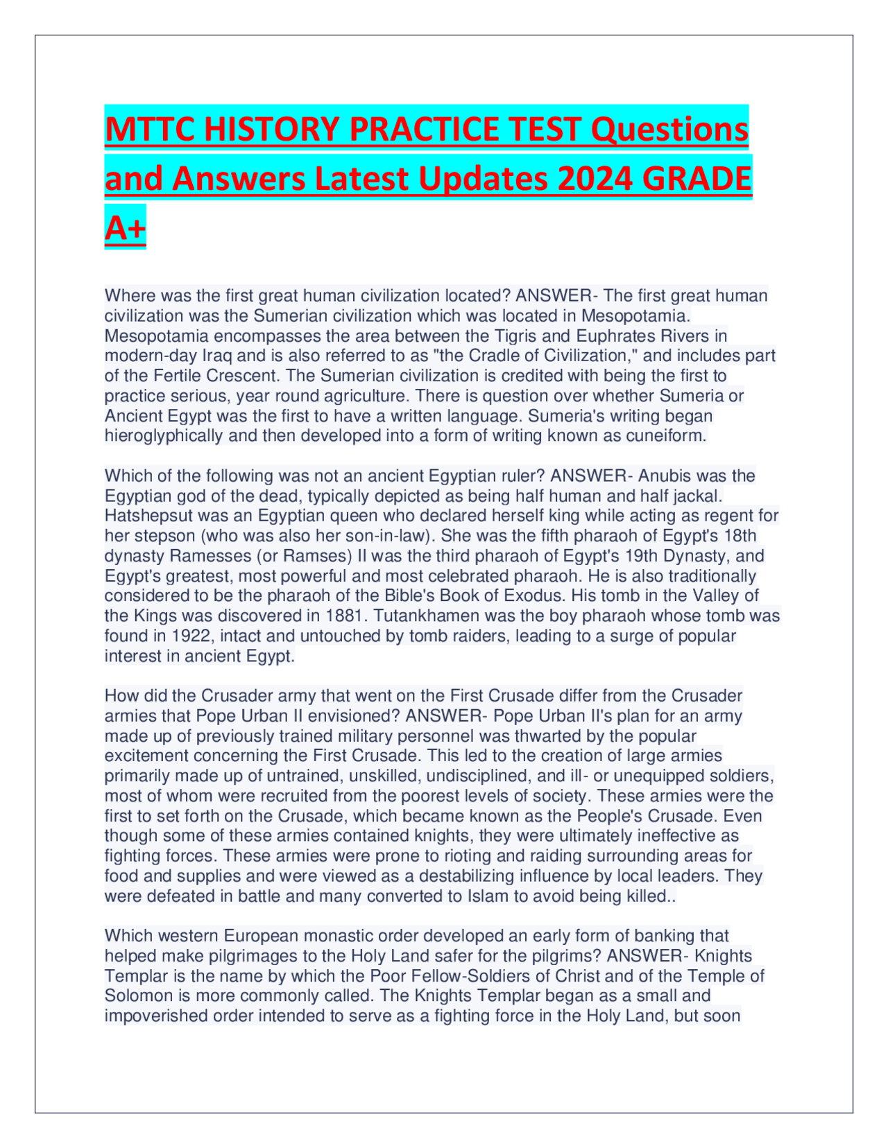 MTTC HISTORY PRACTICE TEST Questions and Answers Latest Updates 2024 ...