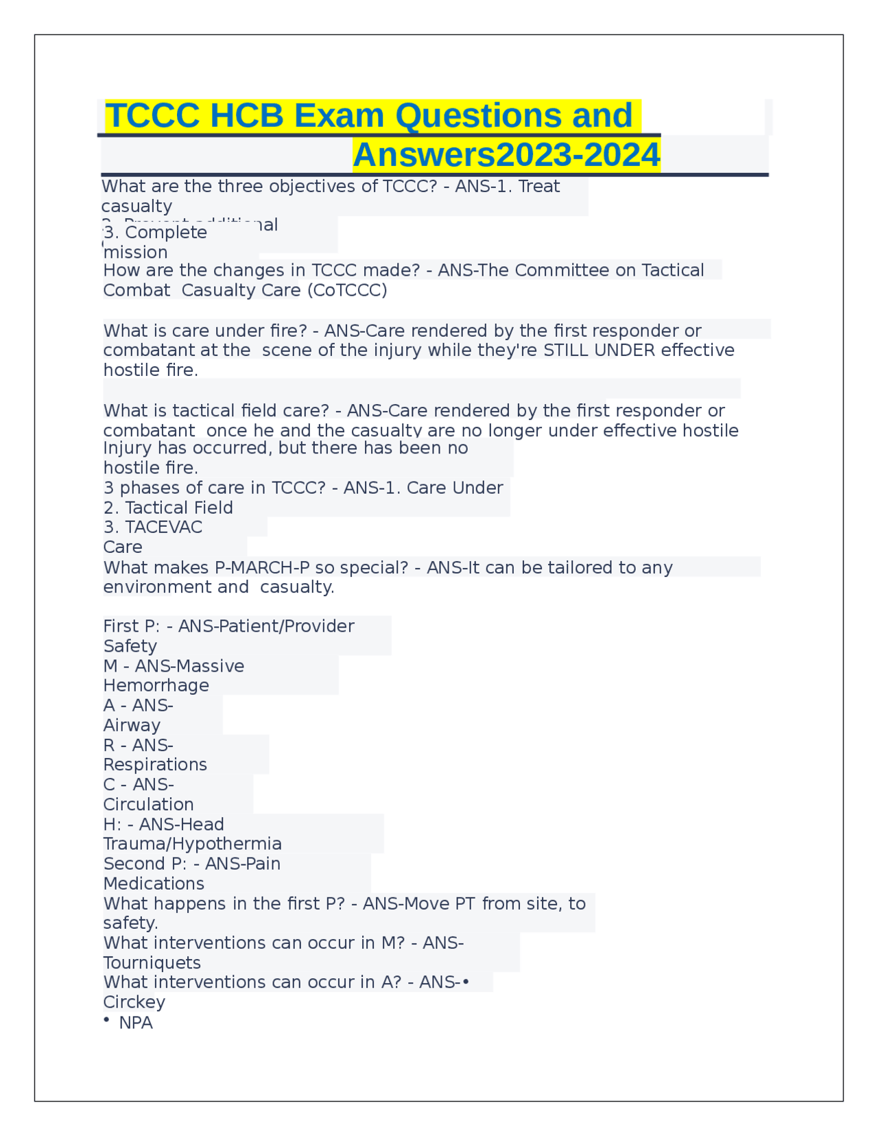 Tactical Combat Casualty Care (TCCC) Exam Questions and Answers | Exams ...