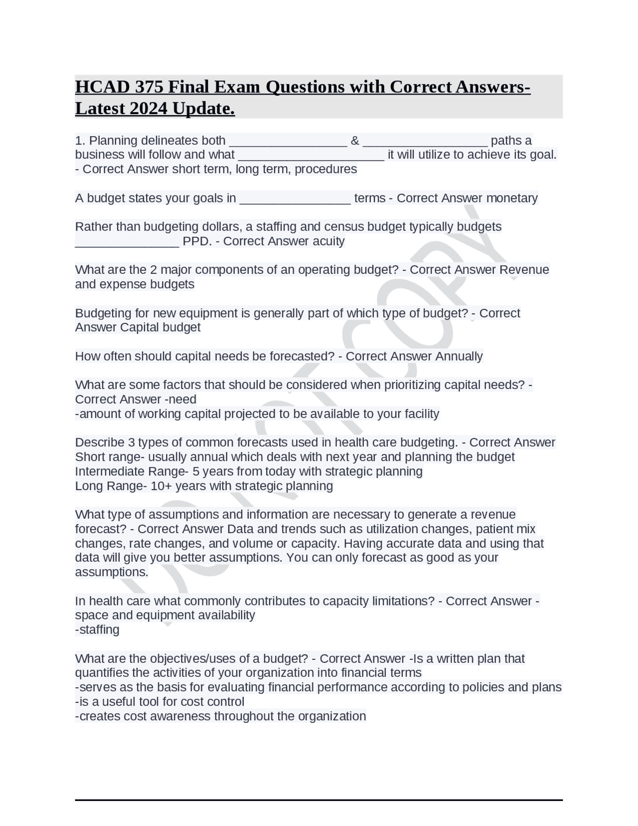 HCAD 375 Final Exam Questions with Correct Answers-Latest 2024 Update ...