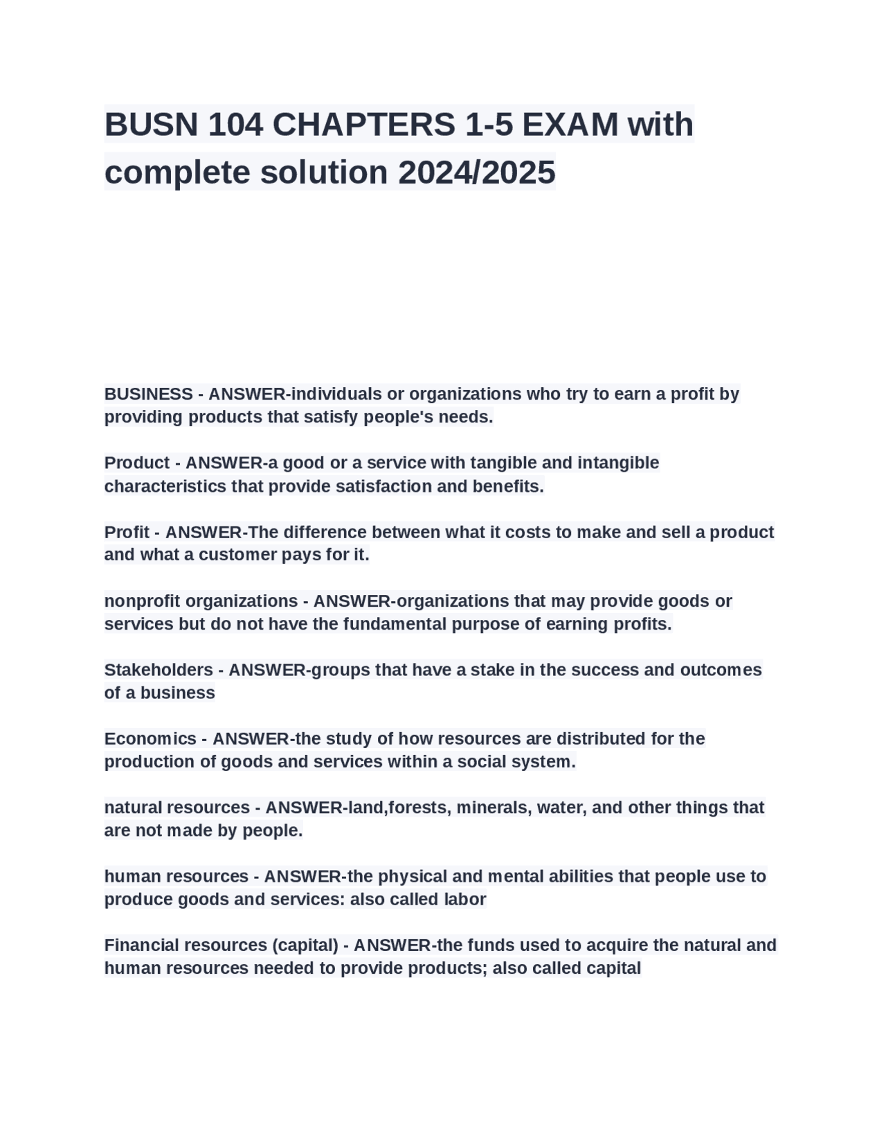 BUSN 104 Chapters 1-5 Exam with Complete Solution 2024/2025 | Exams ...