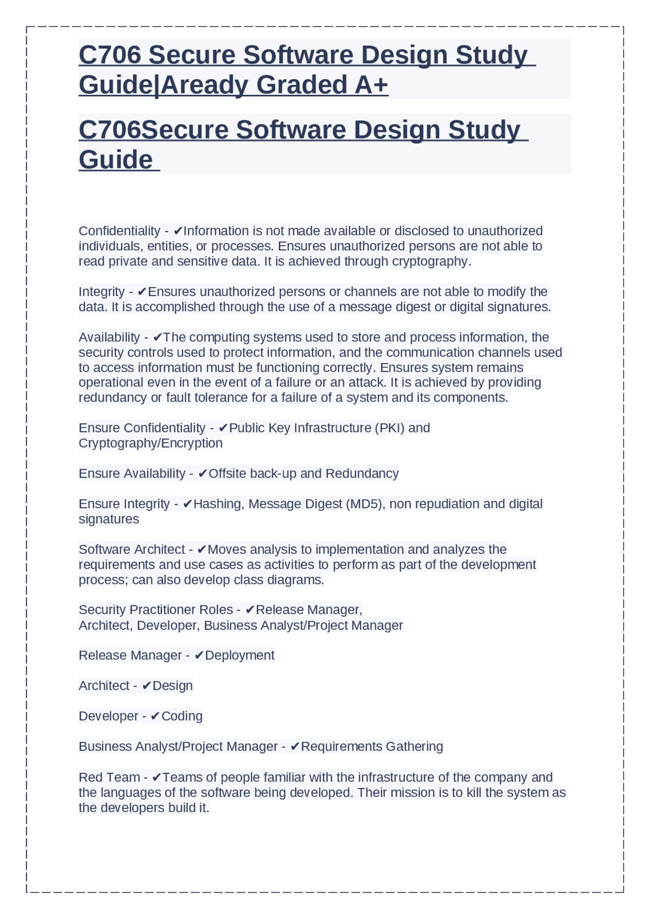 Secure Software Design Study Guide | Exams Nursing | Docsity