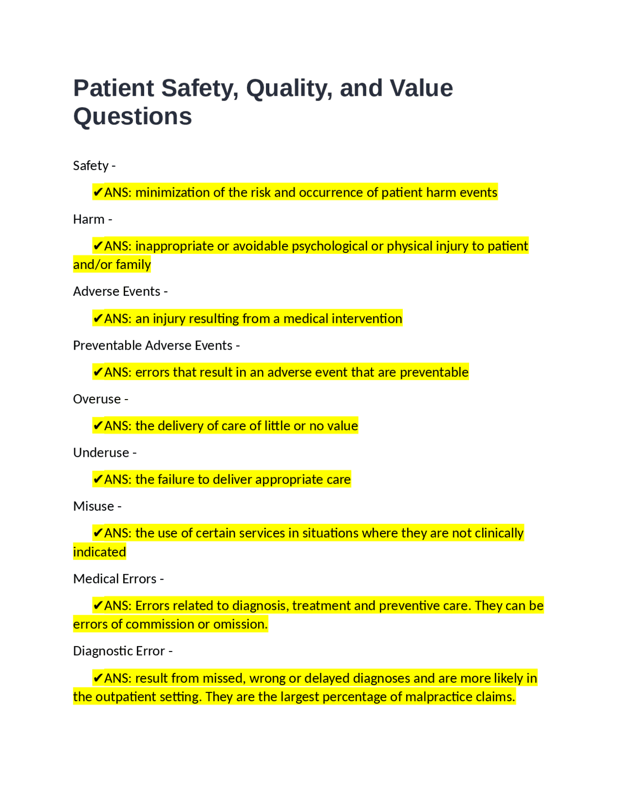 Patient Safety, Quality, and Value Questions | Exams Medicine | Docsity
