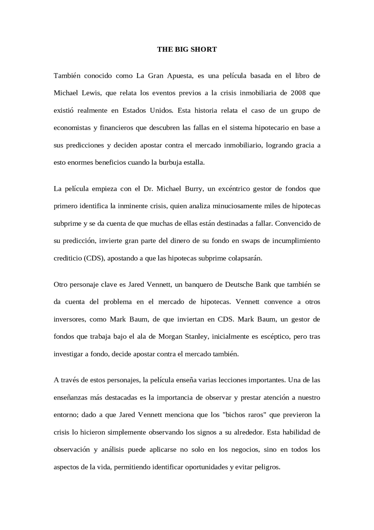 Resumen pelicula the big short | Resúmenes de Lengua y Literatura | Docsity