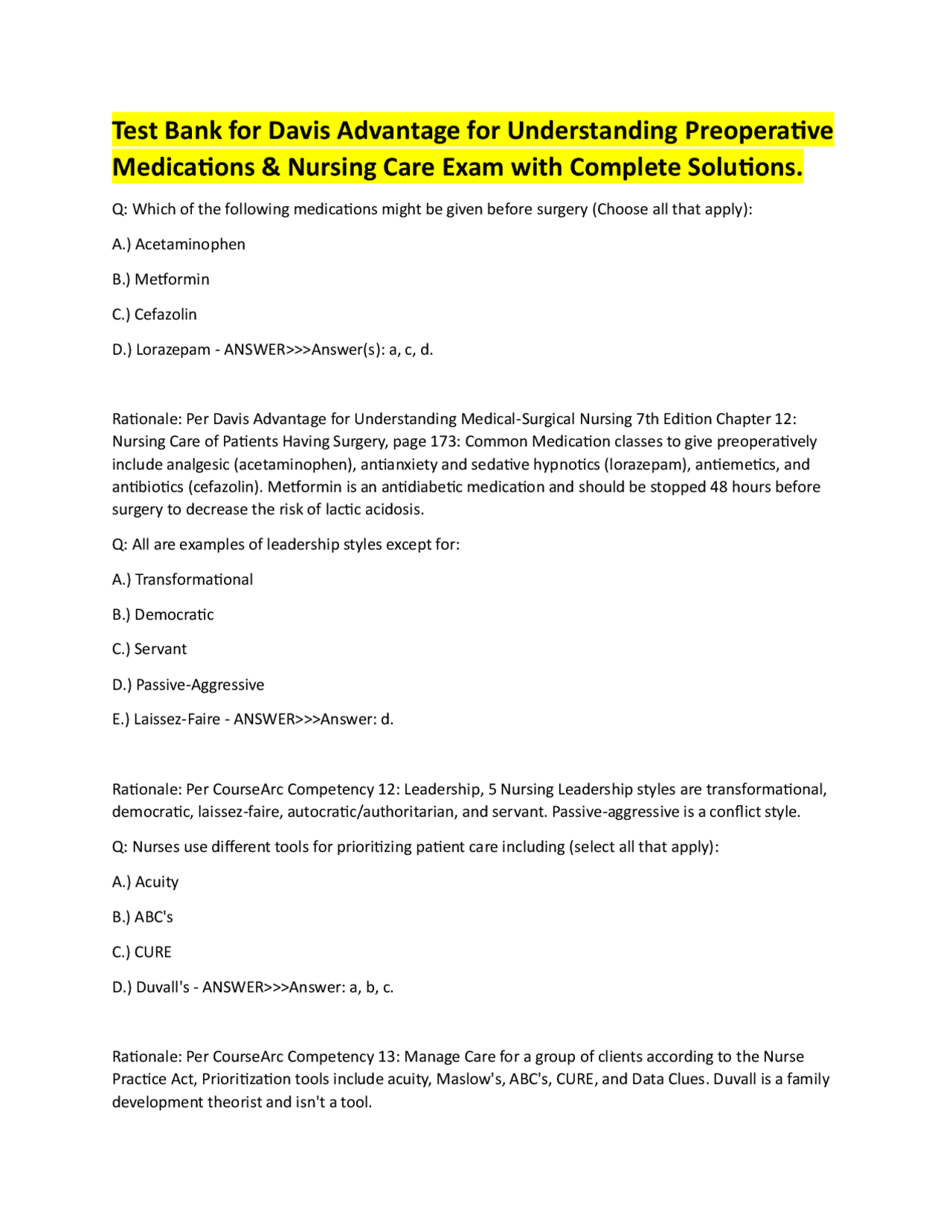 Test Bank for Davis Advantage for Understanding Preoperative ...
