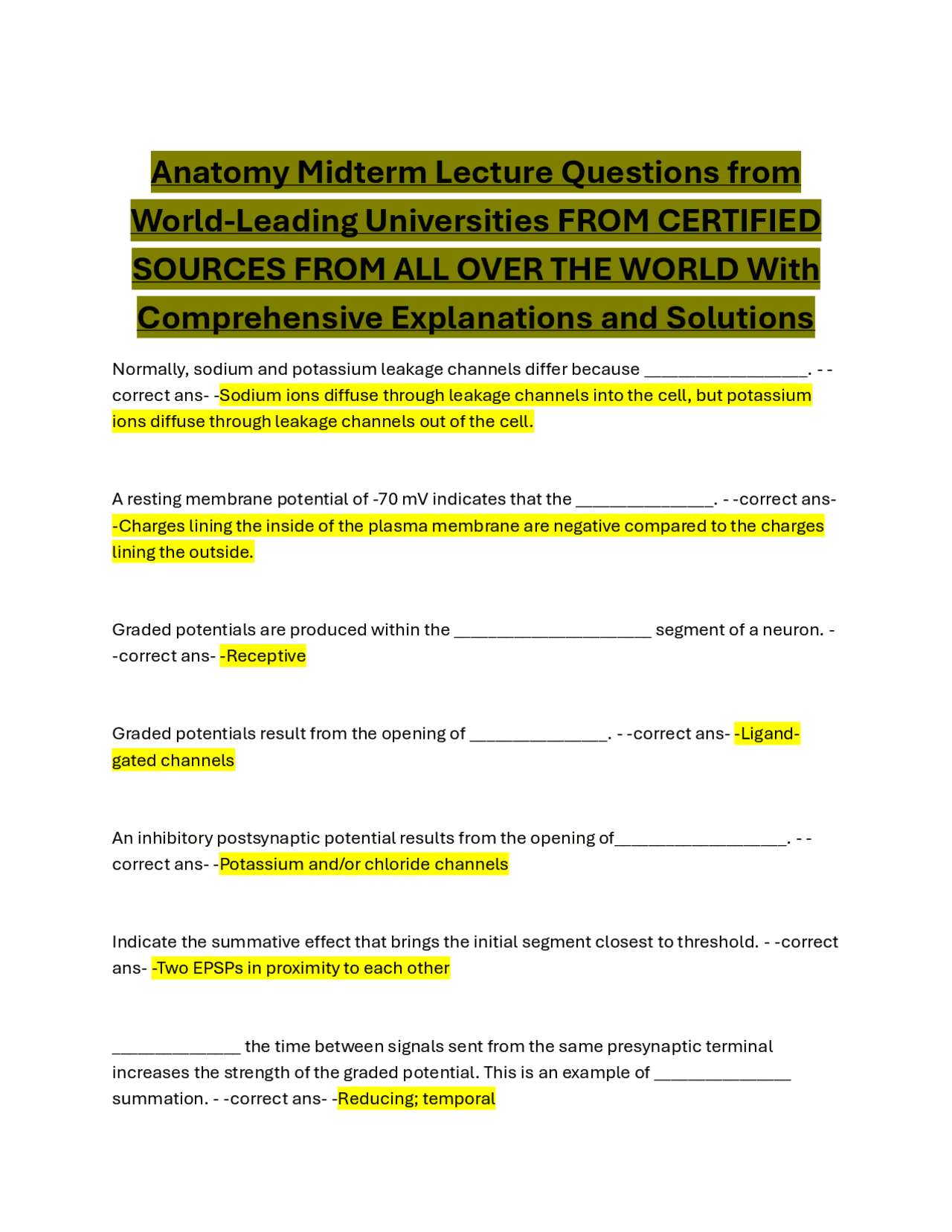 Anatomy Midterm Lecture Questions from World-Leading Universities FROM ...