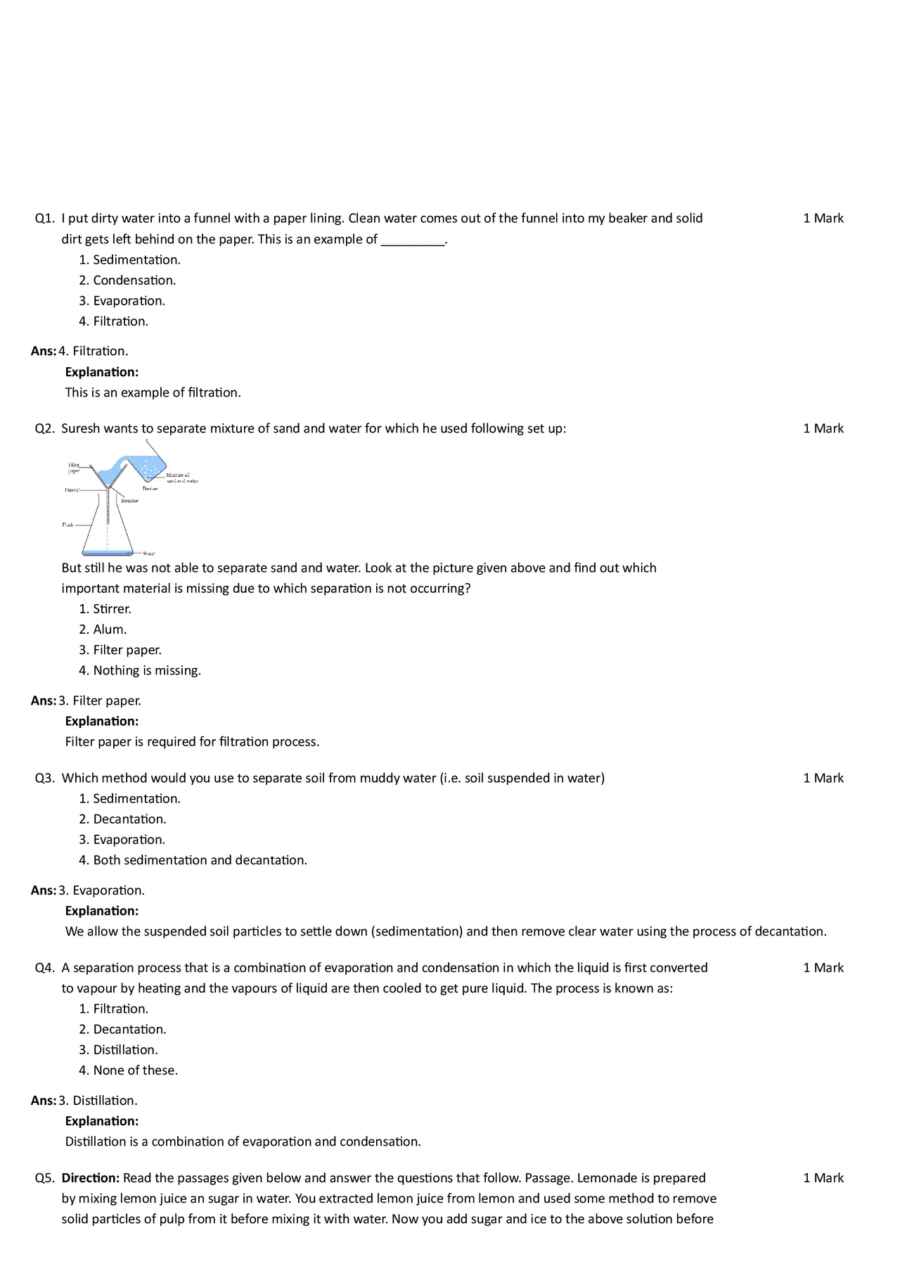 Separation of Mixtures | Quizzes Environmental science | Docsity
