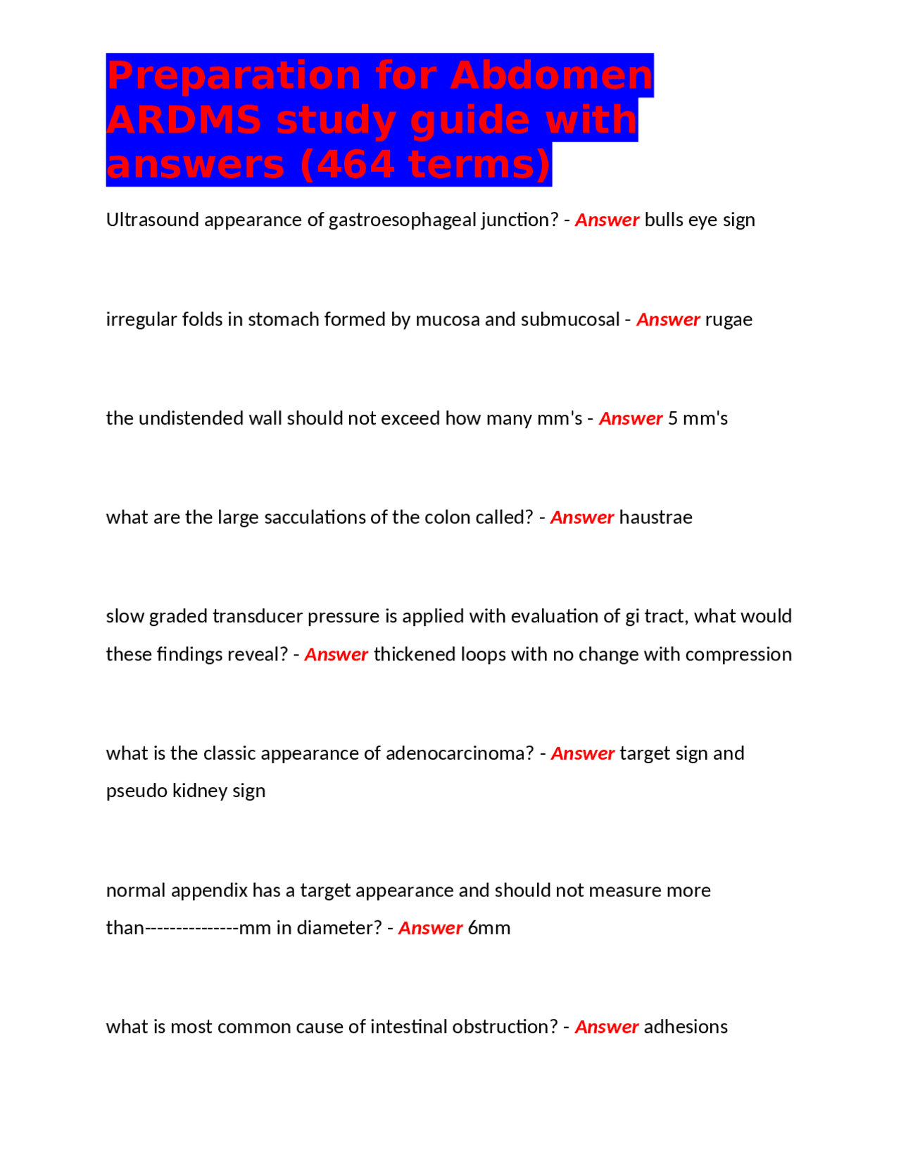 Preparation for Abdomen ARDMS Study Guide | Exams Nursing | Docsity