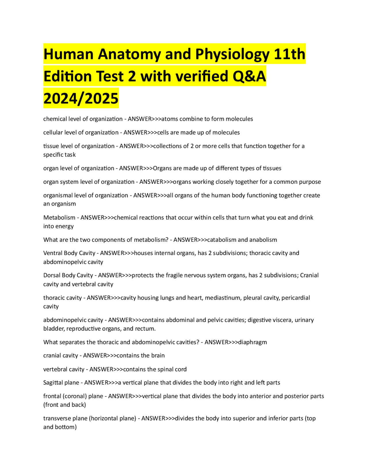 Human Anatomy and Physiology 11th Edition Test 2 with verified Q&A 2024 ...