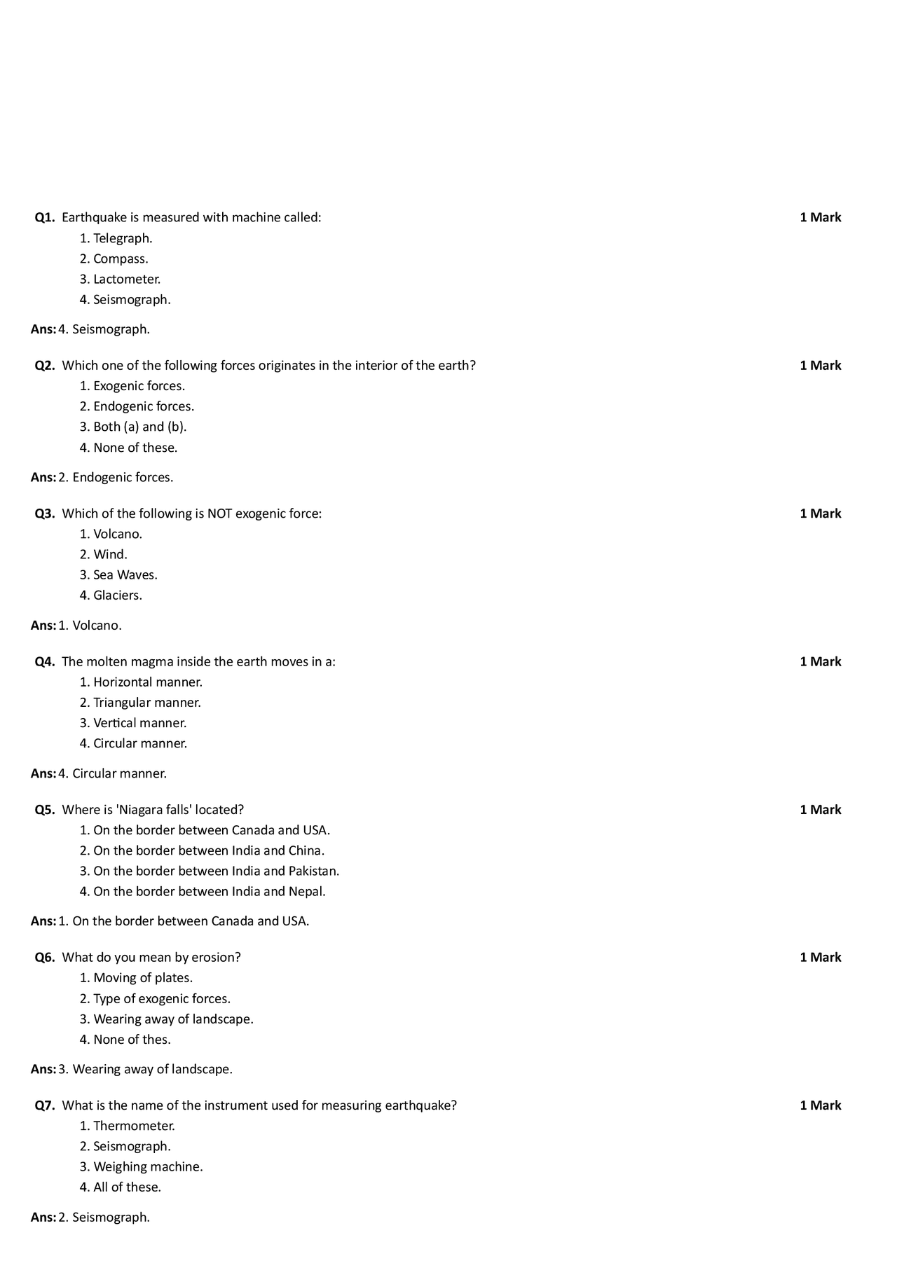 Earthquake and Geological Processes | Quizzes Earth science | Docsity