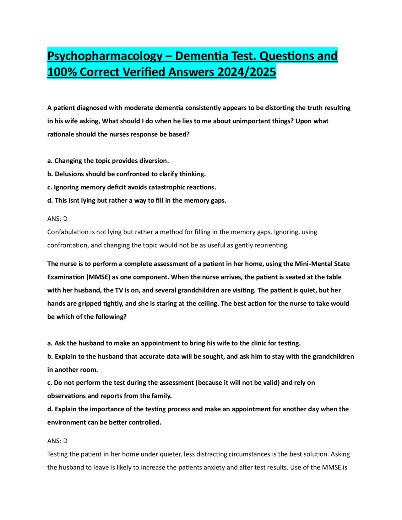 Psychopharmacology – Dementia Test. Questions and 100% Correct Verified ...