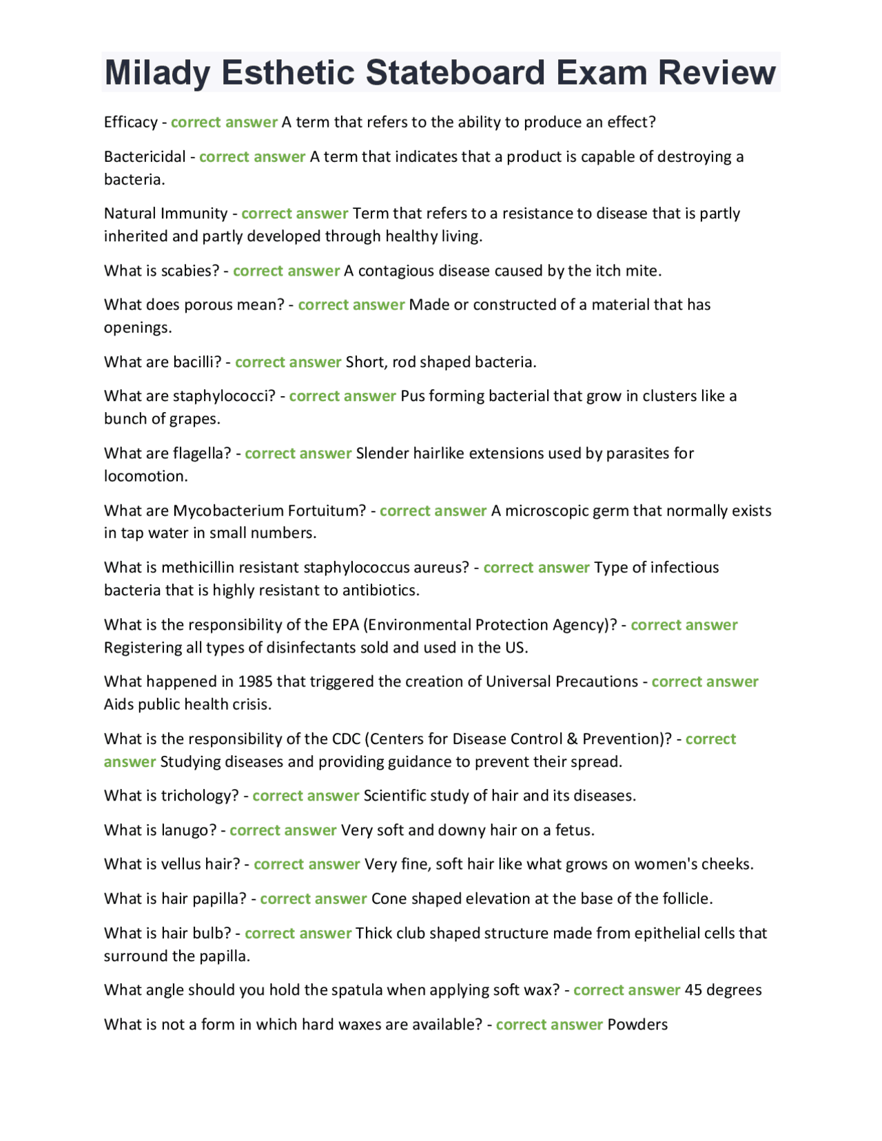 Milady Esthetic Stateboard Exam Review | Exams Nursing | Docsity