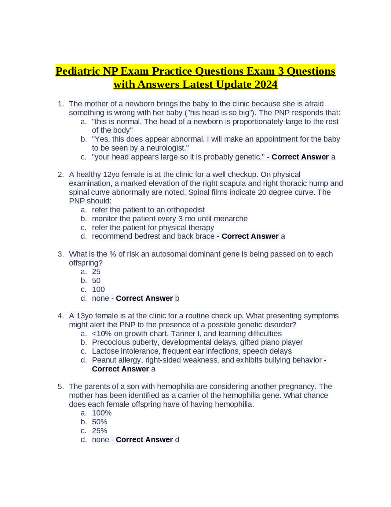 Pediatric NP Exam Practice Questions Exam 3 Questions with Answers ...