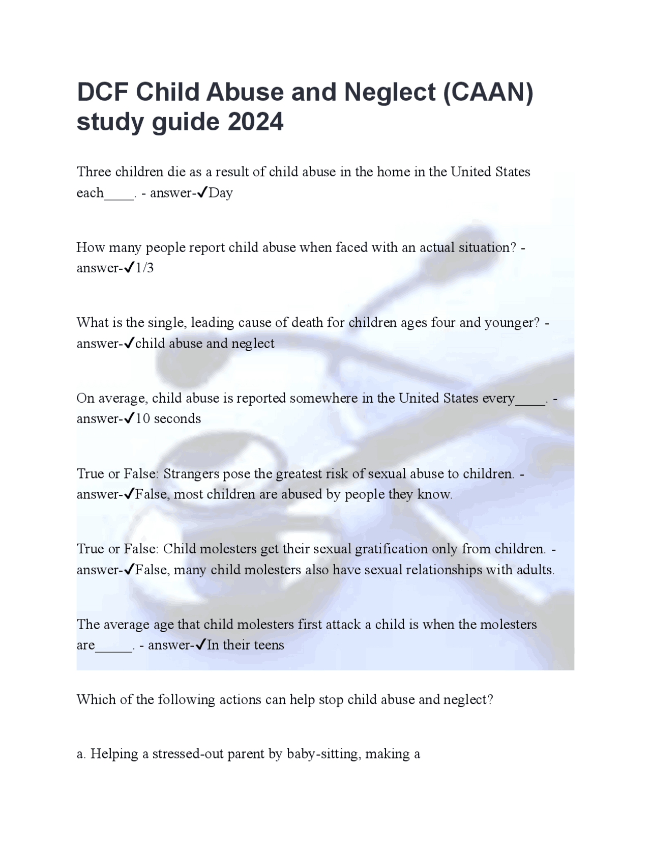 DCF Child Abuse and Neglect (CAAN) study guide 2024 | Exams Childhood ...