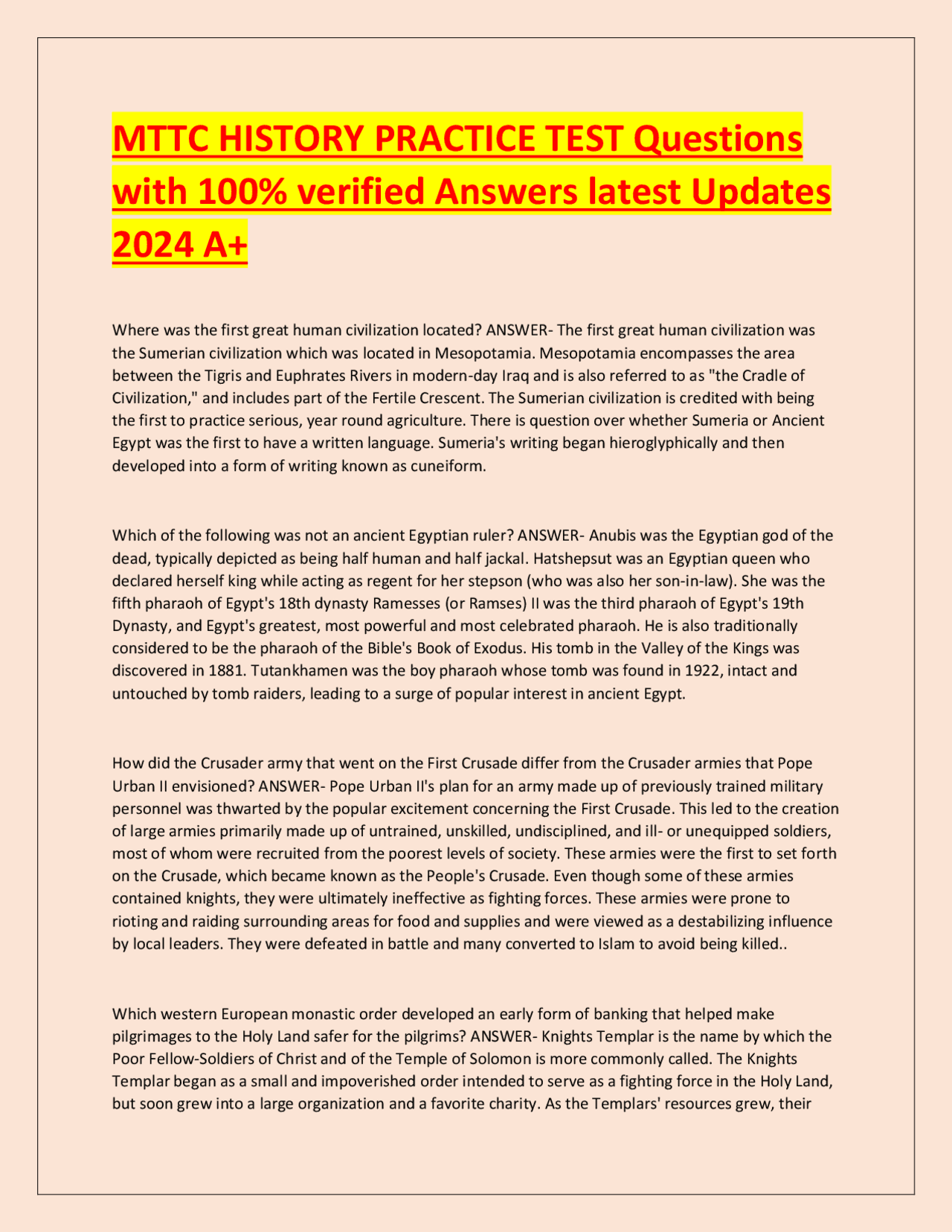 MTTC HISTORY PRACTICE TEST Questions with 100% verified Answers latest ...