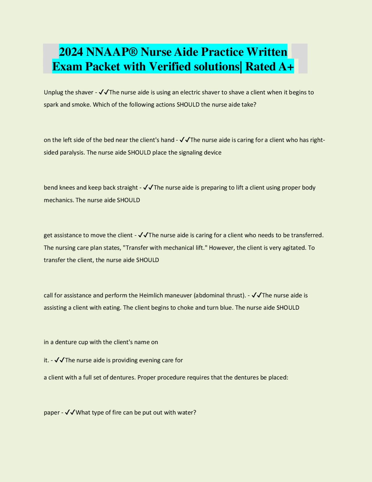 2024 NNAAP® Nurse Aide Practice Written Exam Packet with Verified ...