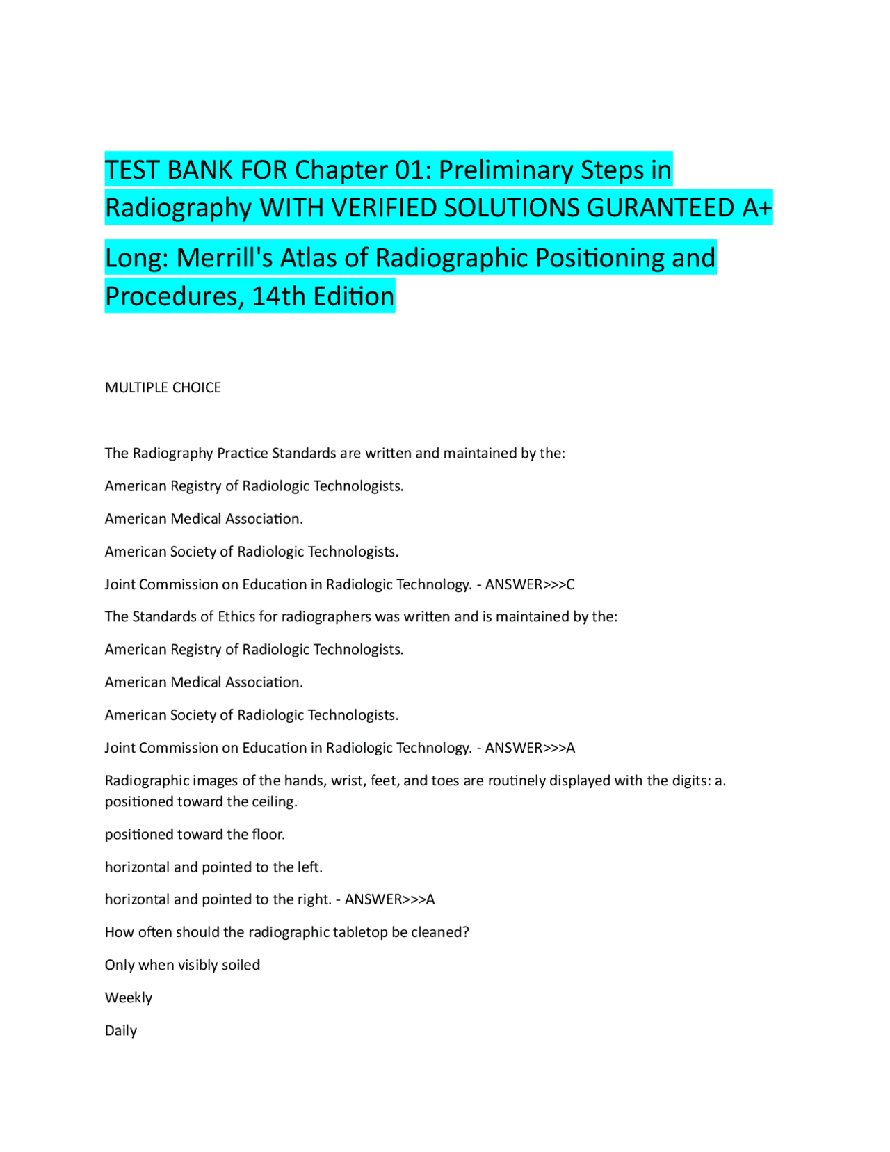 TEST BANK FOR Chapter 01: Preliminary Steps in Radiography WITH ...