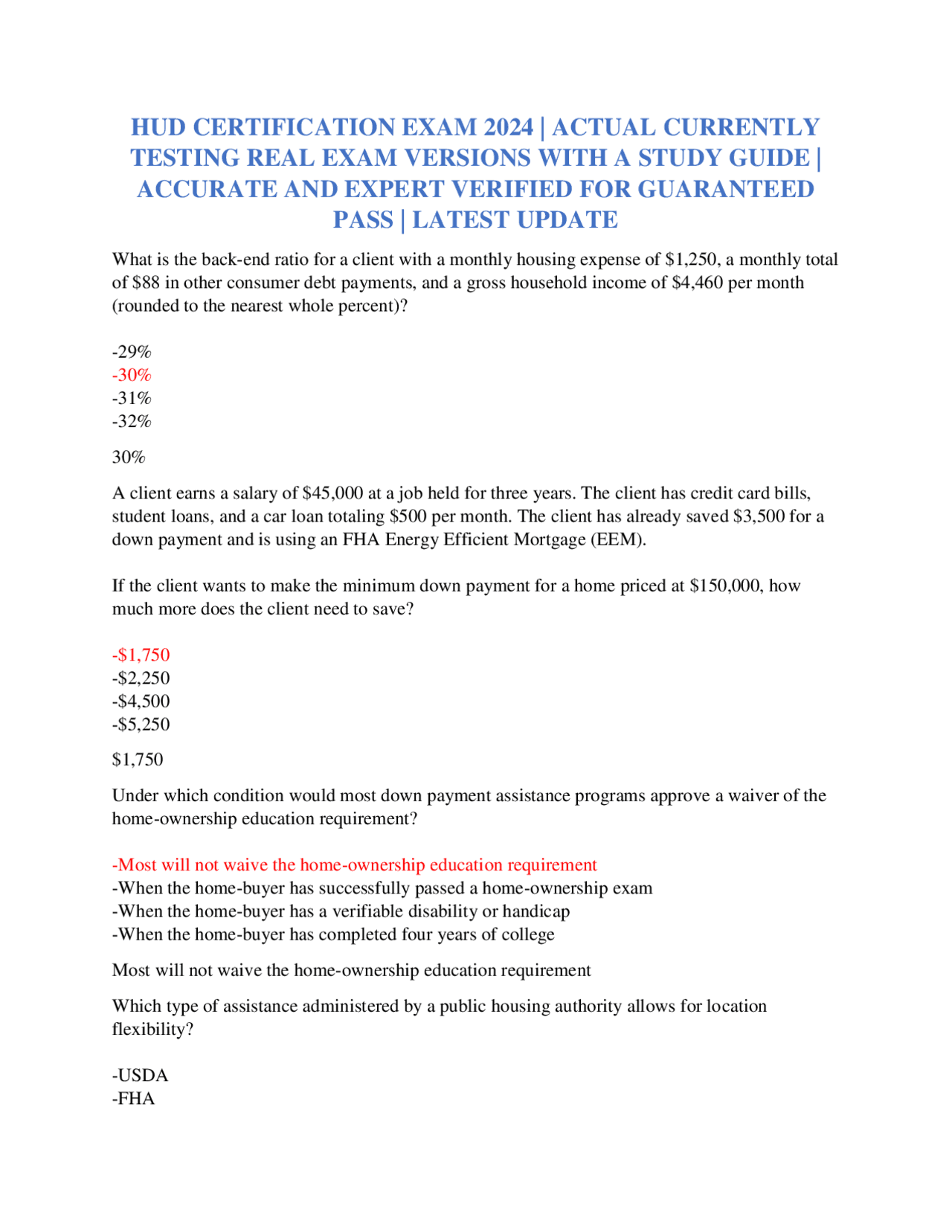 HUD CERTIFICATION EXAM 2024 | ACTUAL CURRENTLY TESTING REAL EXAM ...