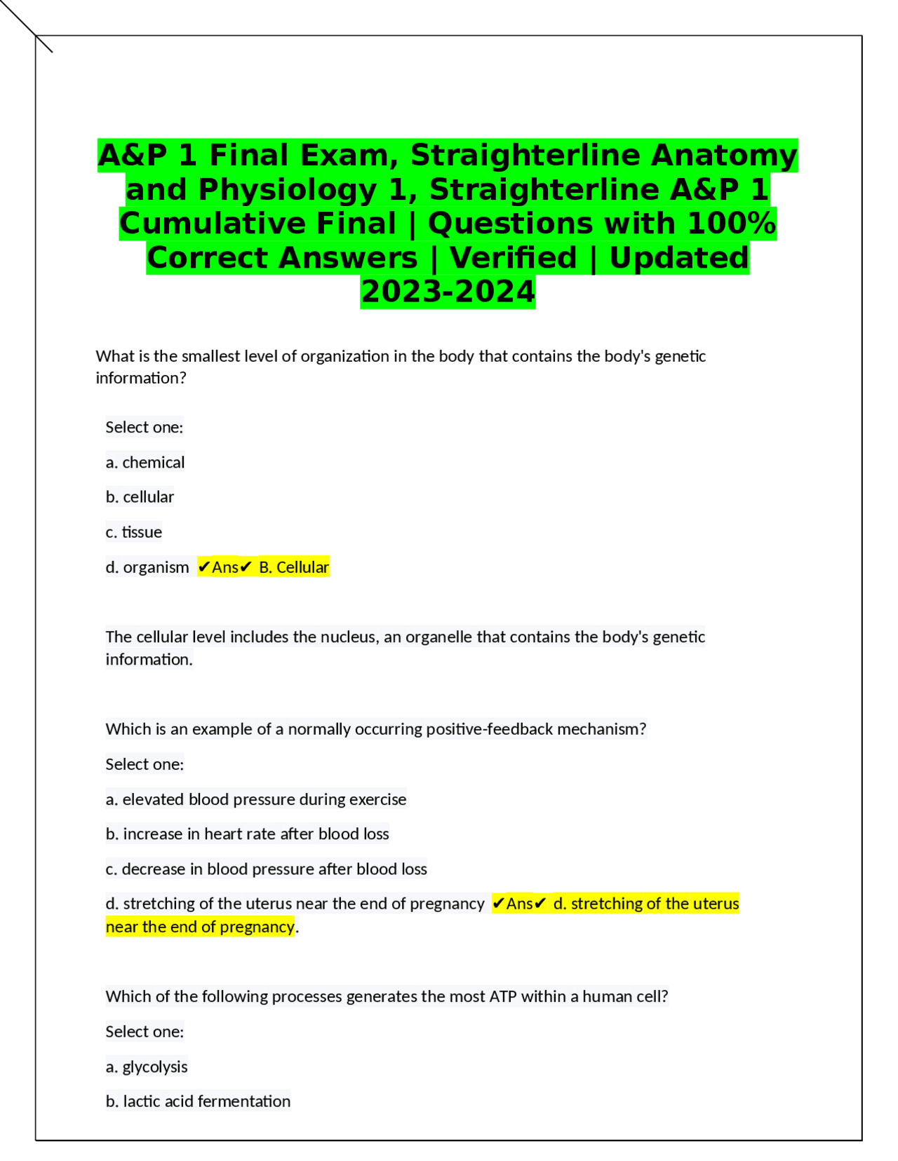 A&P 1 Final Exam, Straighterline Anatomy and Physiology 1 Q&A Verified ...