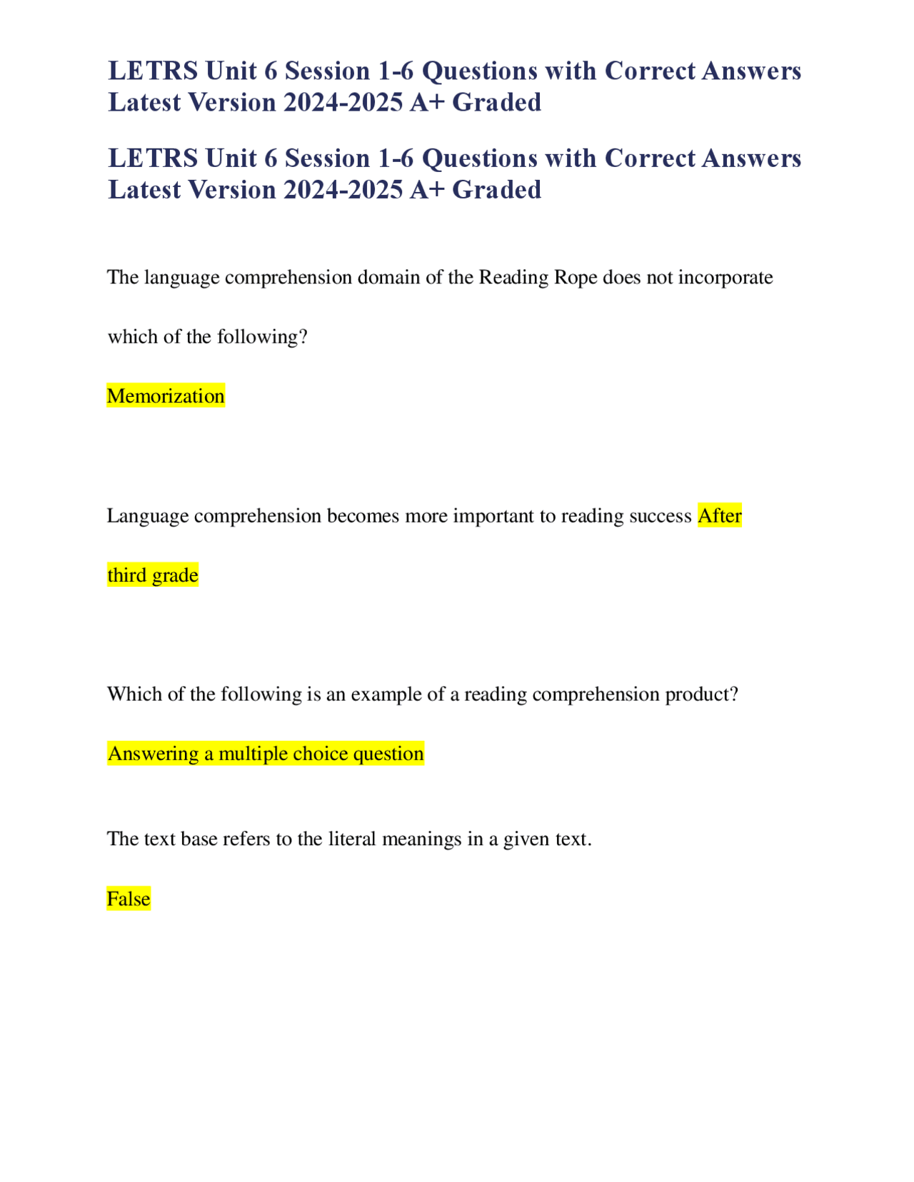 LETRS Unit 6 Session 1-6 Questions with Correct Answers - Prof. Tutor ...