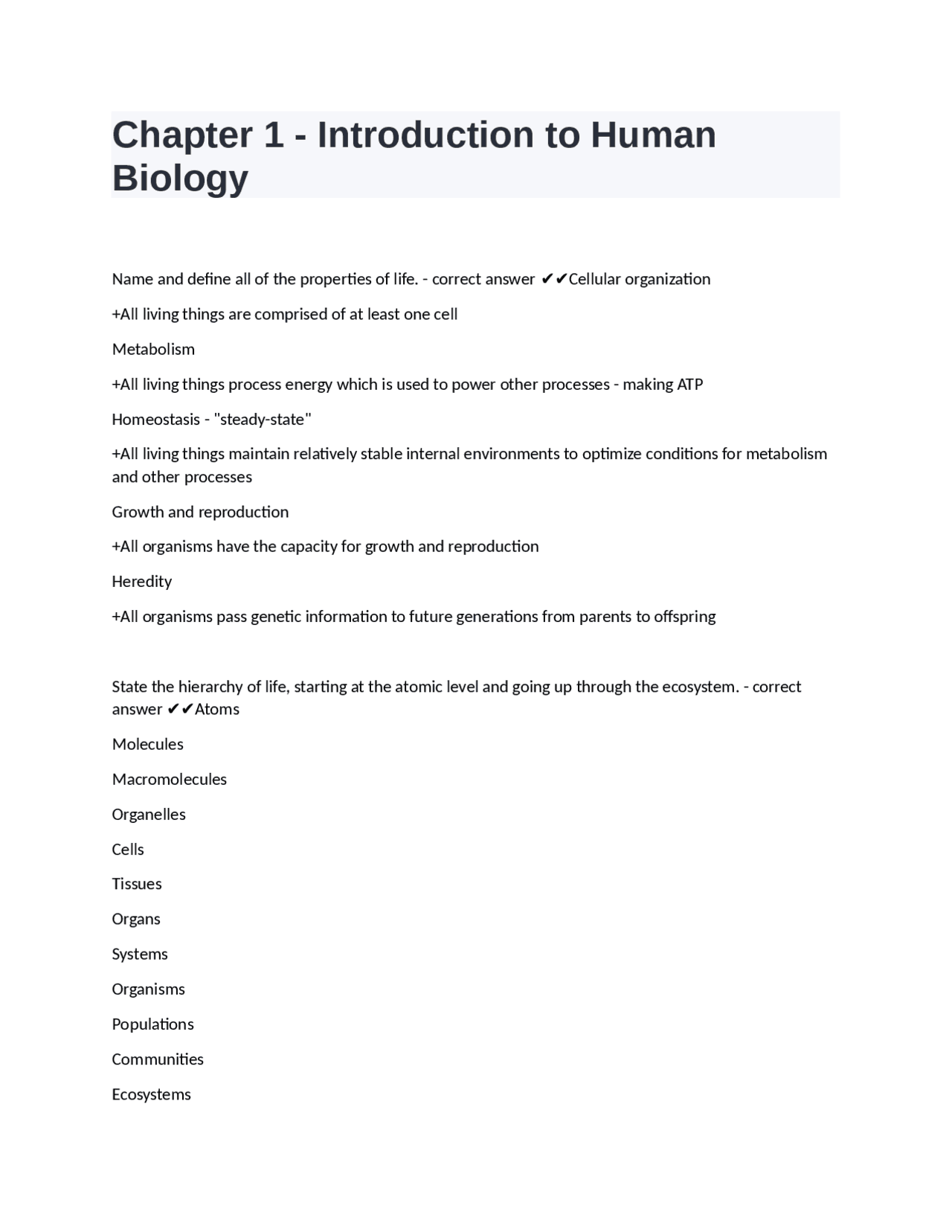 Chapter 1 - Introduction to Human Biology fully solved graded A+ ...