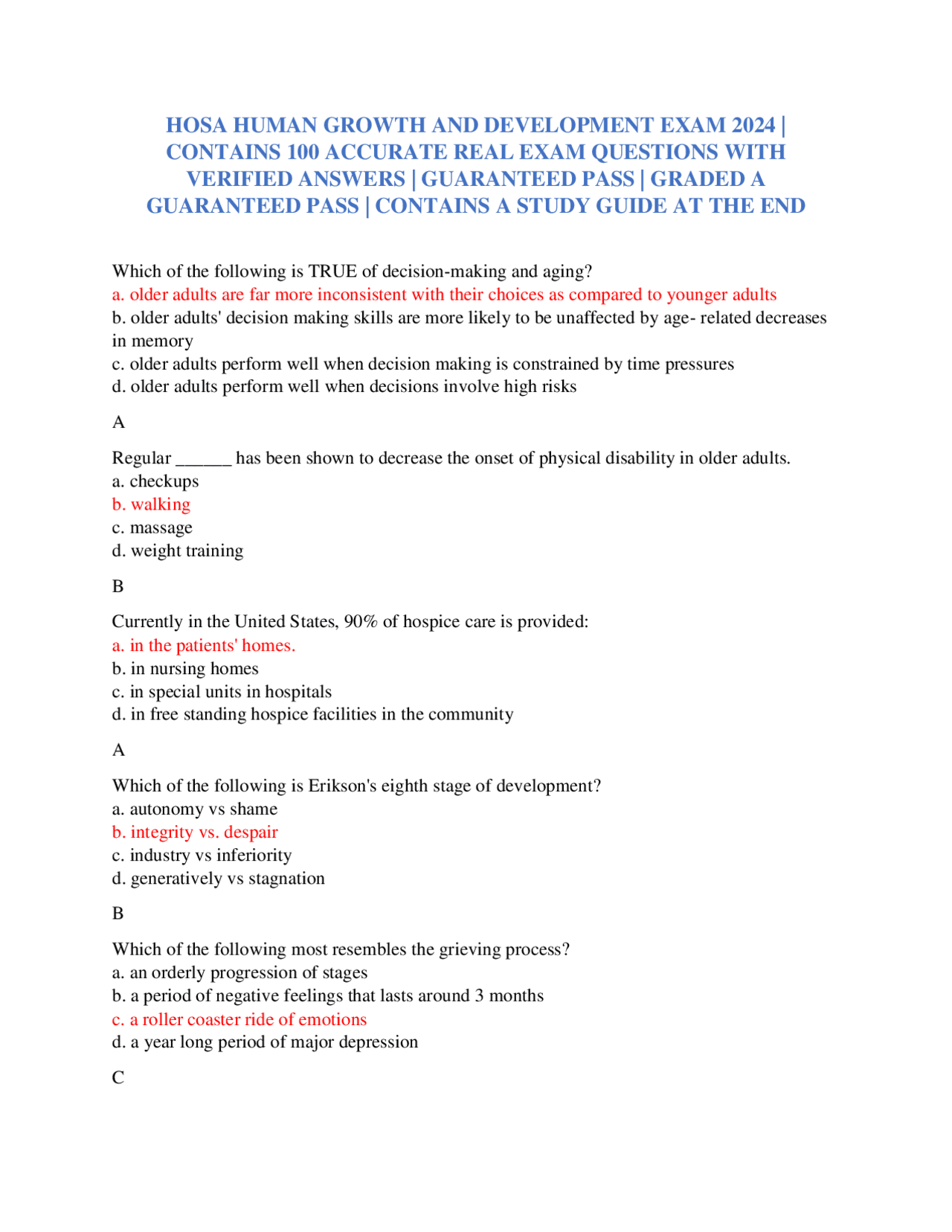 HOSA HUMAN GROWTH AND DEVELOPMENT EXAM 2024 | CONTAINS 100 ACCURATE ...