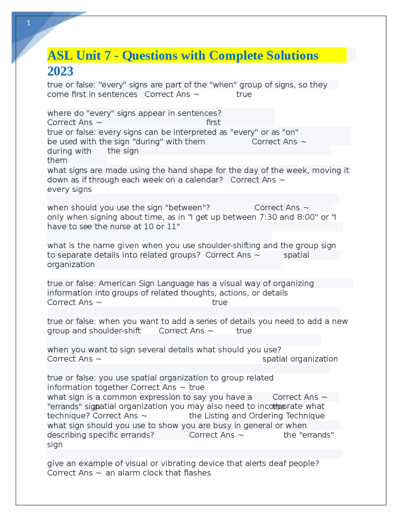 ASL Unit 7 - Questions with Complete Solutions | Exams Nursing | Docsity