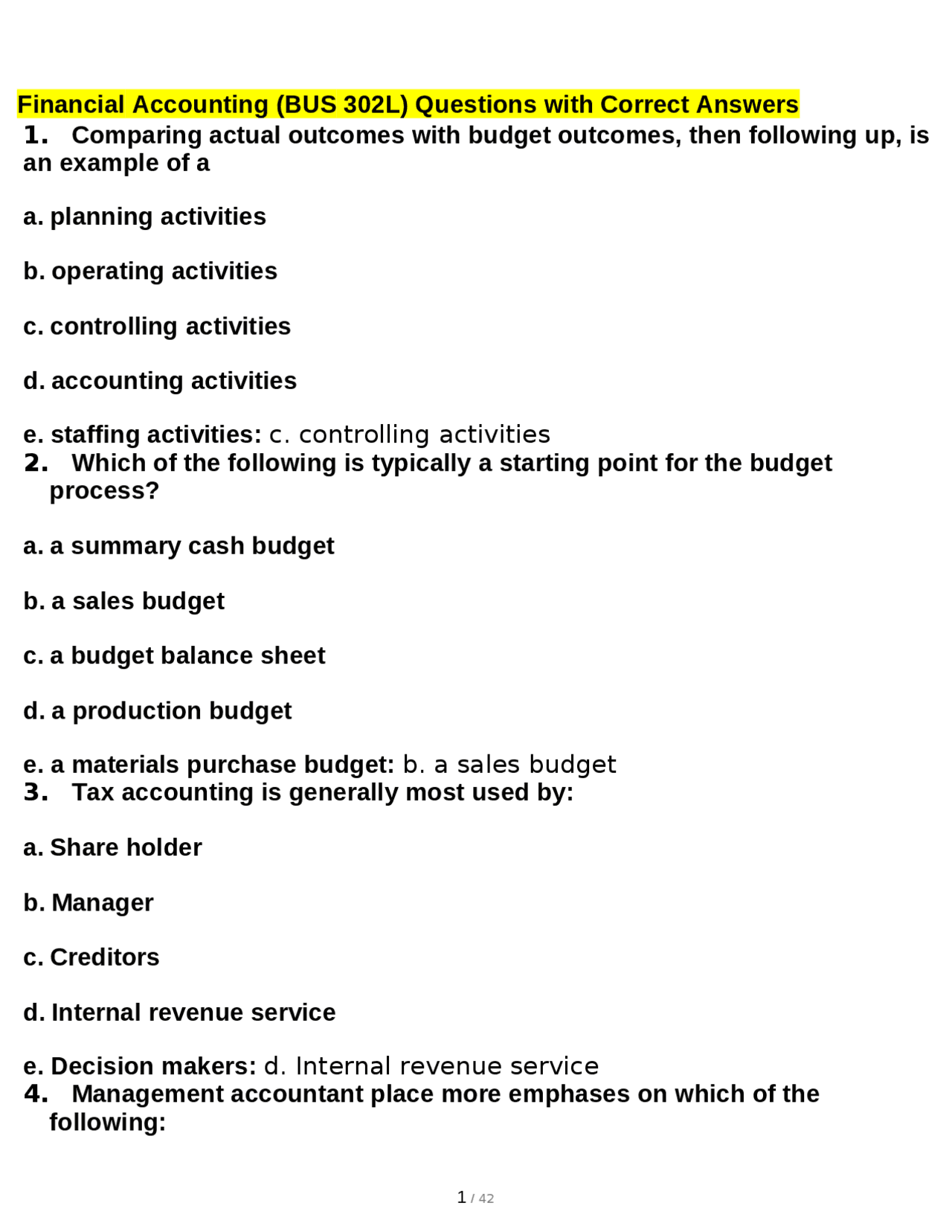 Financial Accounting (BUS 302L) Questions with Correct Answers | Exams ...