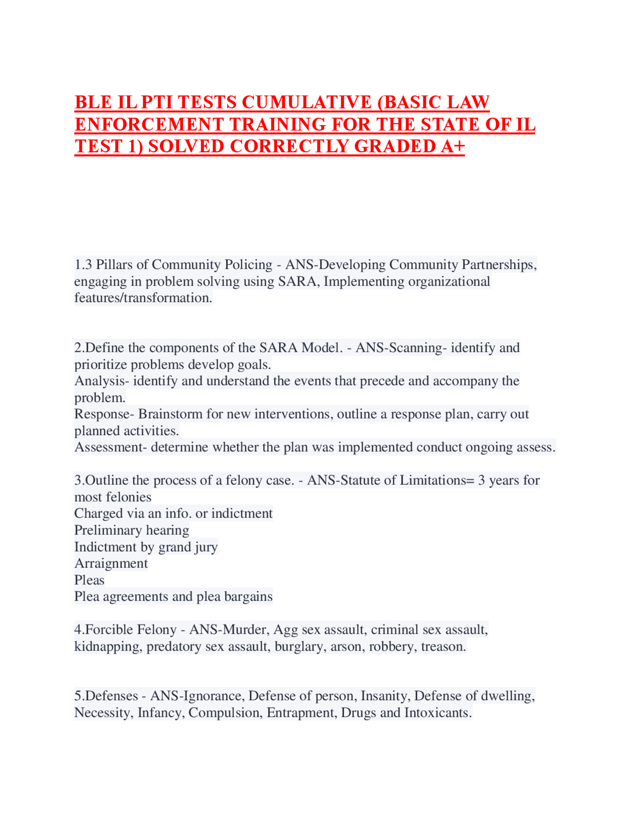 BLE IL PTI TESTS CUMULATIVE (BASIC LAW ENFORCEMENT TRAINING FOR THE ...