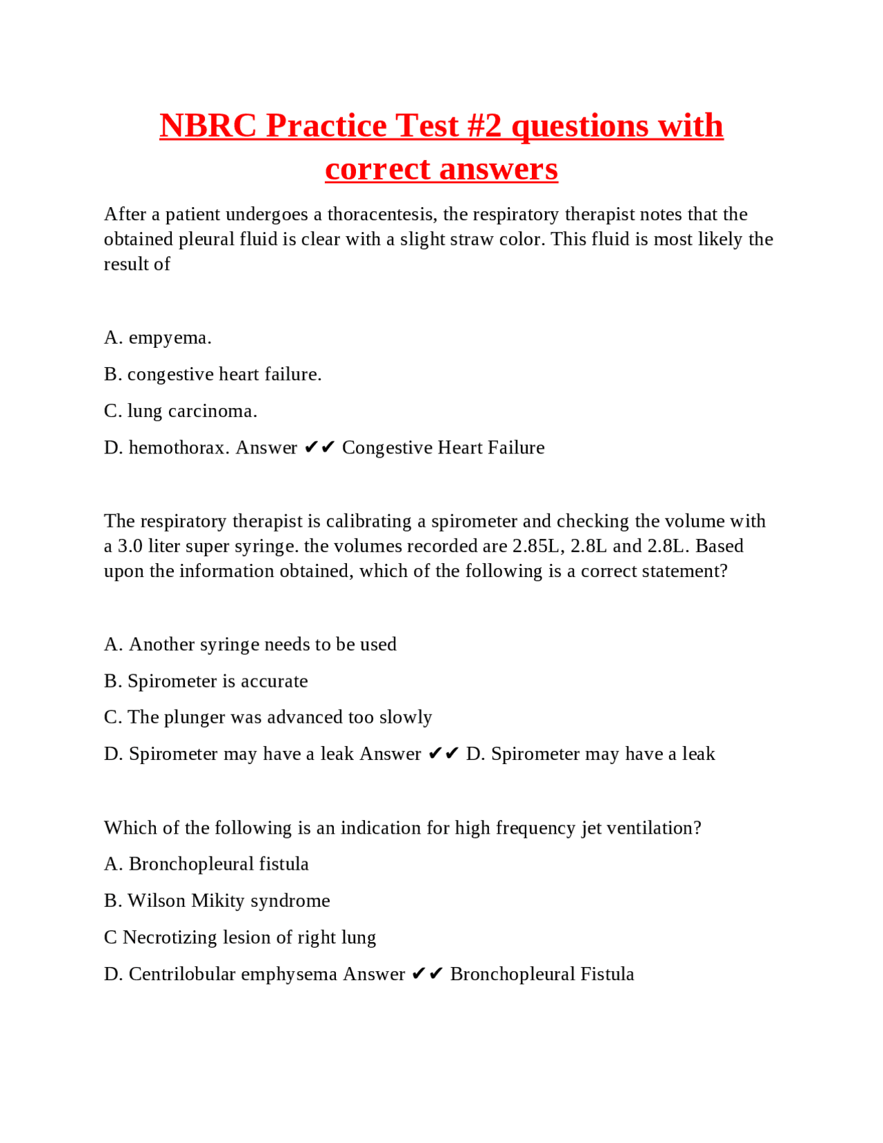 NBRC Practice Test #2 questions with correct answers | Exams Nursing ...